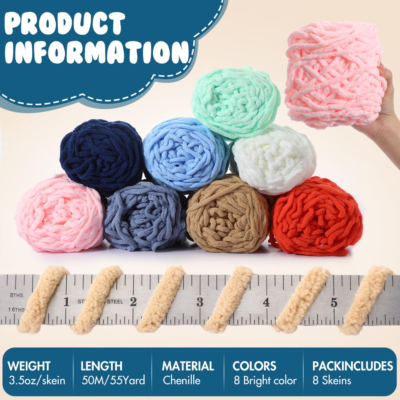 Buryeah 8 Pack Chunky Chenille Yarn for Crocheting Soft Thick Fluffy Yarn for Hand Knitting Bulky Velvet Blanket Plush for Weaving DIY Crafts Each 3.5 oz 55 Yards (Multicolor)