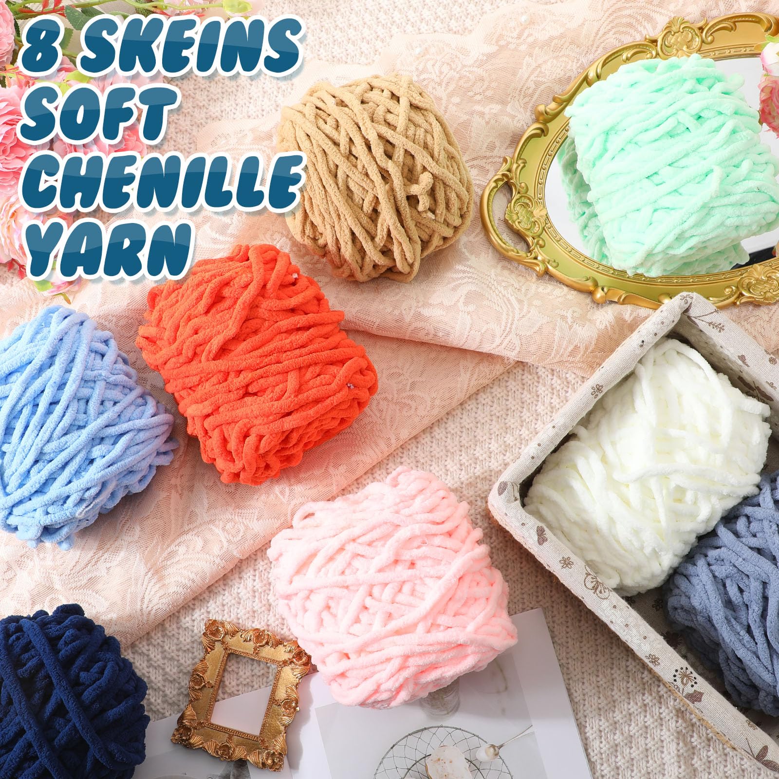 Buryeah 8 Pack Chunky Chenille Yarn for Crocheting Soft Thick Fluffy Yarn for Hand Knitting Bulky Velvet Blanket Plush for Weaving DIY Crafts Each 3.5 oz 55 Yards (Multicolor)
