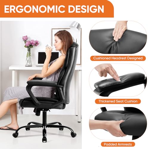 Sweetcrispy Home Office Chair, Leather Computer Gaming Chair with Armrests, Adjustable Swivel Rolling Desk Chair with Wheels, Lumbar Support, Black