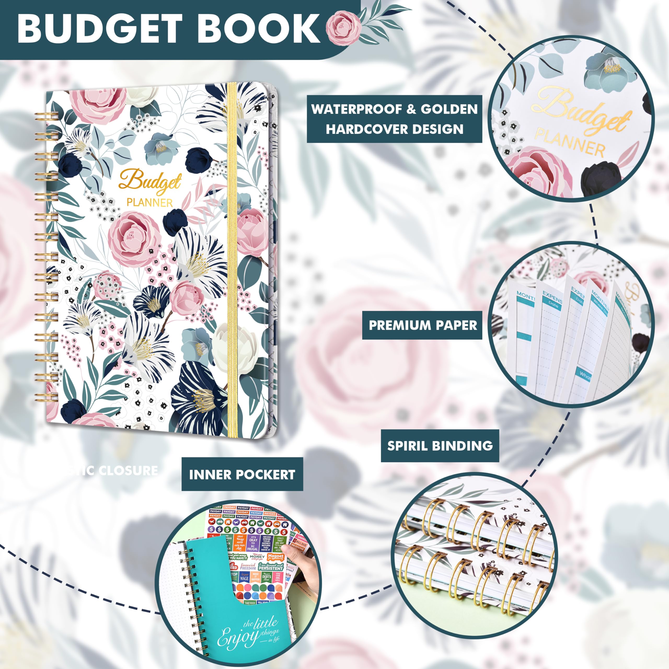 Budget Planner - Budget Book and Organizer With Expense Tracker Notebook, 6.3" x 8.4" Undated Bill Organizer with Pocket +Hardcover + Stickers +Premium Paper + Pen Holder - Floral