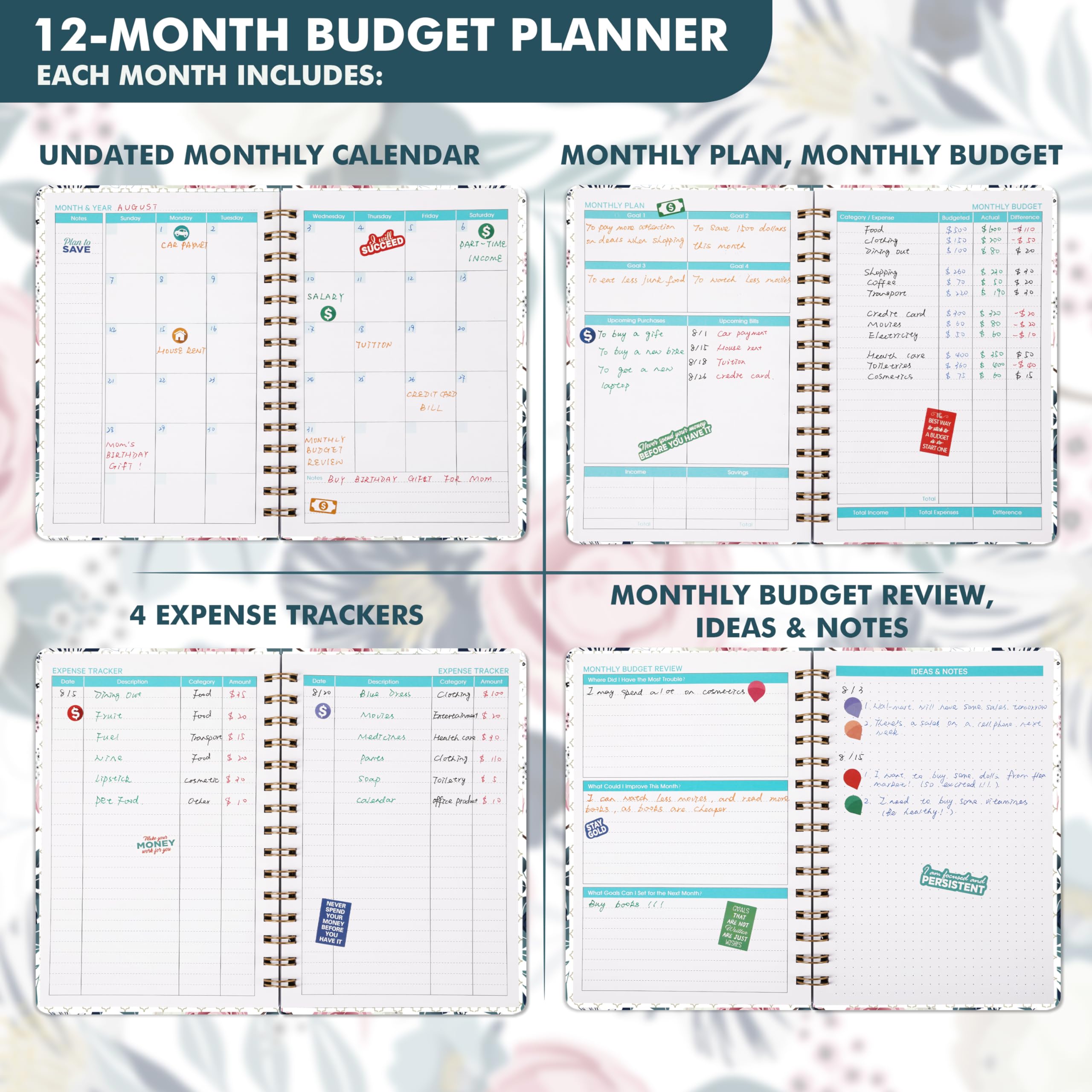 Budget Planner - Budget Book and Organizer With Expense Tracker Notebook, 6.3" x 8.4" Undated Bill Organizer with Pocket +Hardcover + Stickers +Premium Paper + Pen Holder - Floral