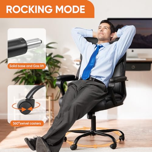 Sweetcrispy Home Office Chair, Leather Computer Gaming Chair with Armrests, Adjustable Swivel Rolling Desk Chair with Wheels, Lumbar Support, Black
