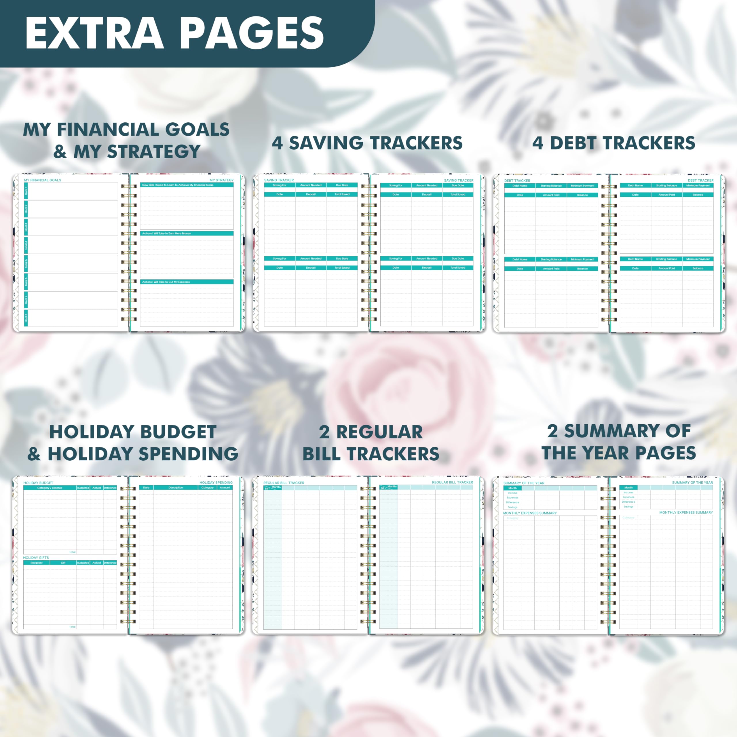 Budget Planner - Budget Book and Organizer With Expense Tracker Notebook, 6.3" x 8.4" Undated Bill Organizer with Pocket +Hardcover + Stickers +Premium Paper + Pen Holder - Floral