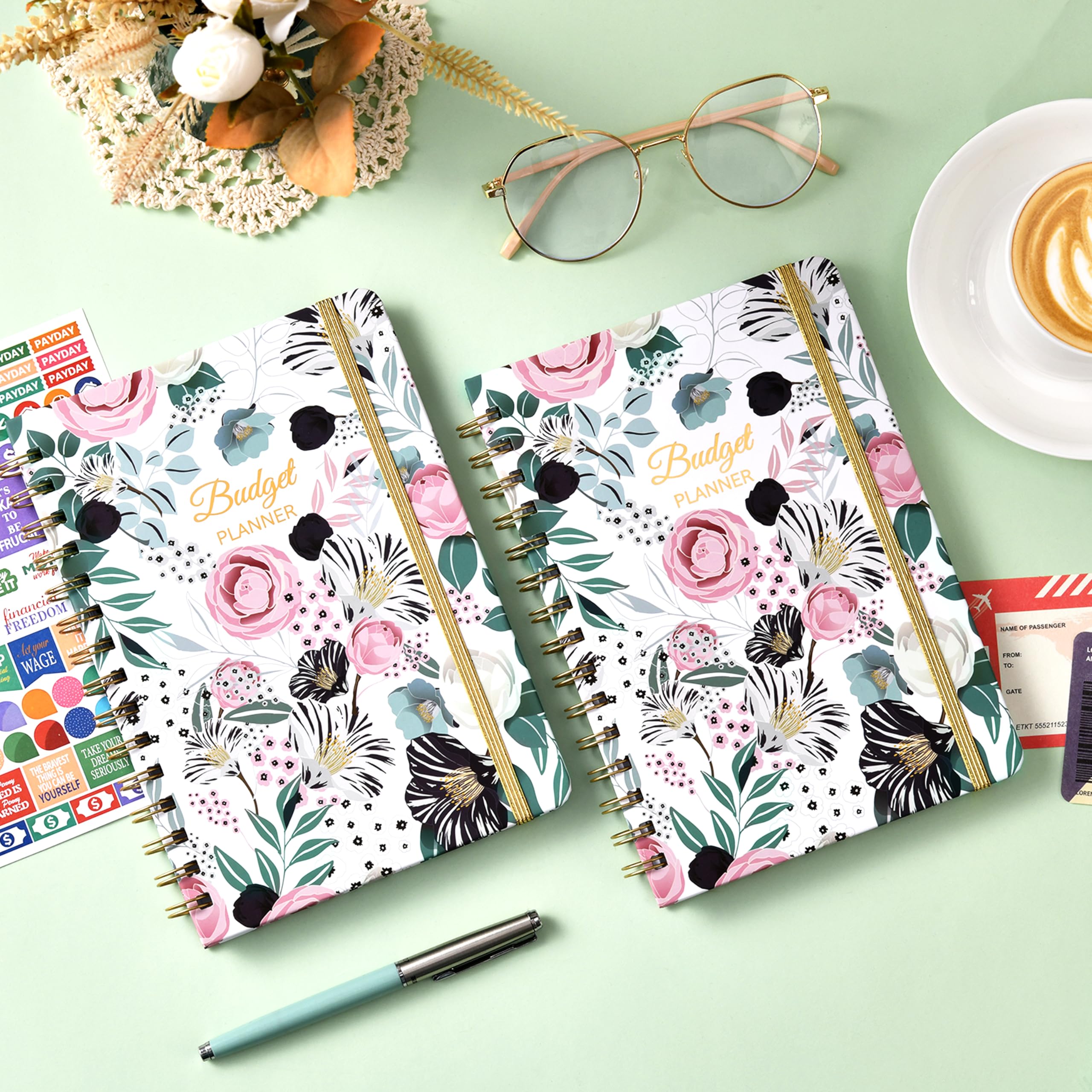 Budget Planner - Budget Book and Organizer With Expense Tracker Notebook, 6.3" x 8.4" Undated Bill Organizer with Pocket +Hardcover + Stickers +Premium Paper + Pen Holder - Floral