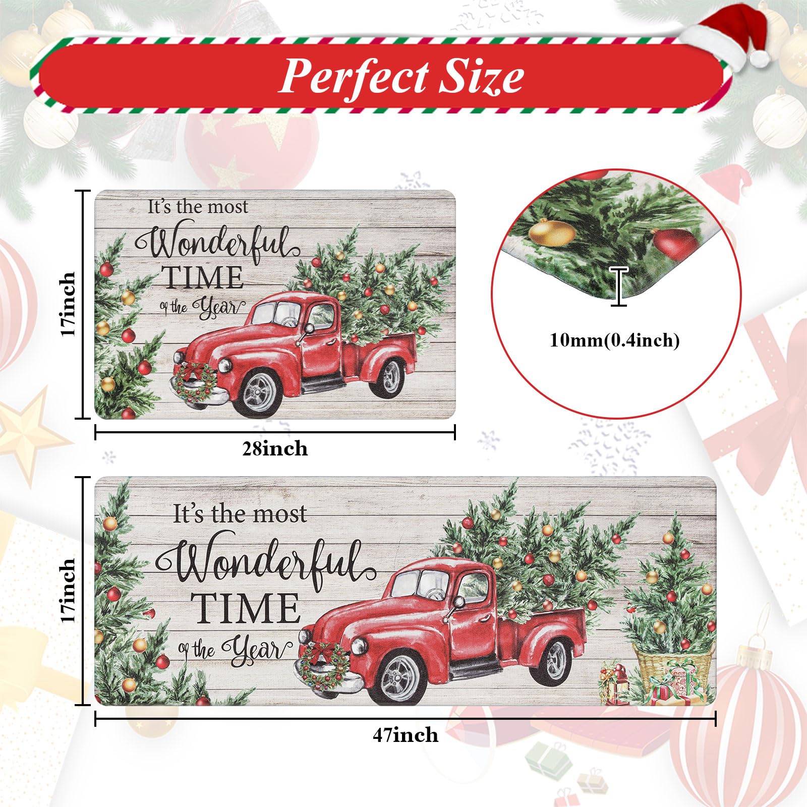 U'Artlines 2Pcs Christmas Anti Fatigue Kitchen Rugs and Mats, Red Truck Tree Non Slip Foam Cushioned Farmhouse Kitchen Floor Mats Comfort Standing Mats for Winter Home Decor