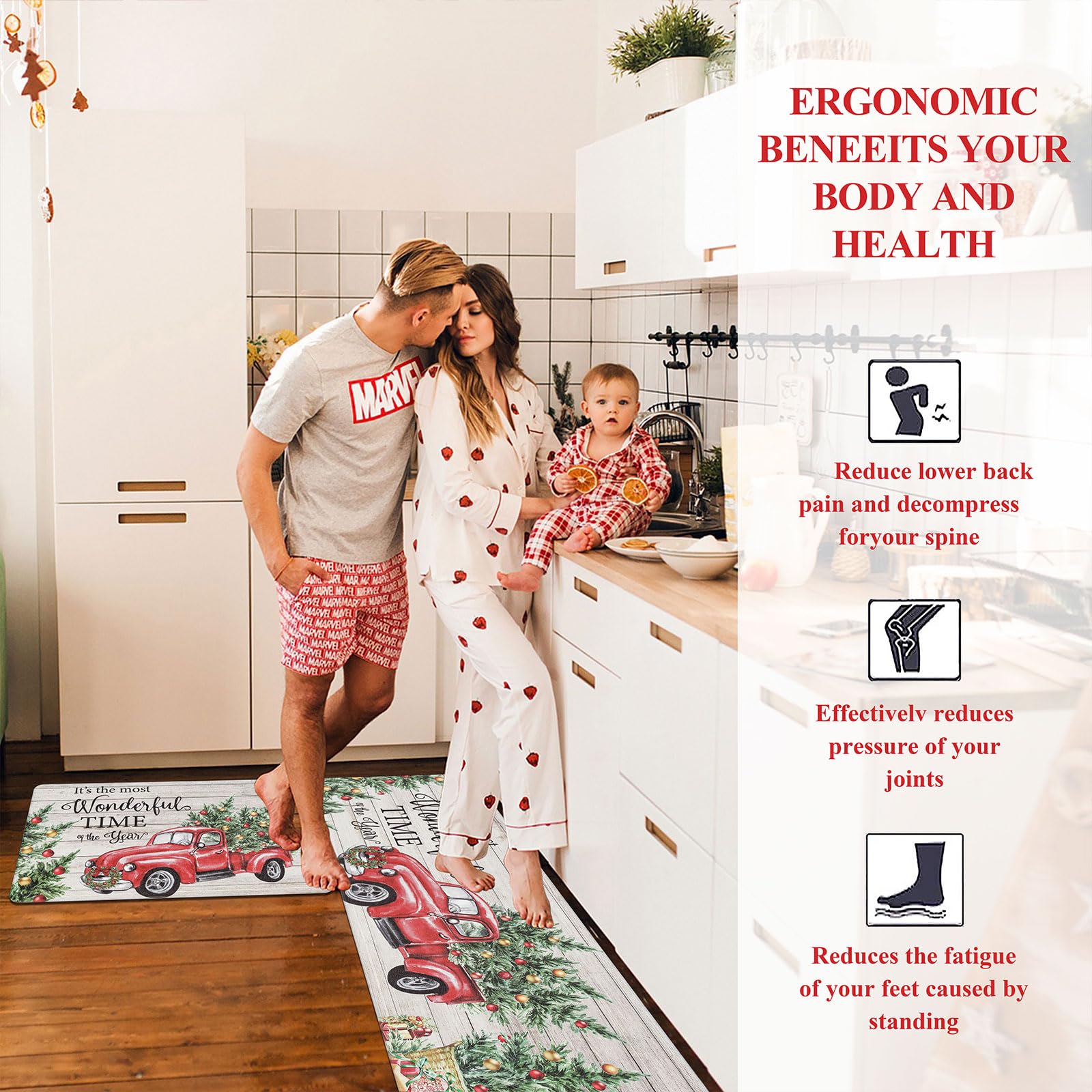 U'Artlines 2Pcs Christmas Anti Fatigue Kitchen Rugs and Mats, Red Truck Tree Non Slip Foam Cushioned Farmhouse Kitchen Floor Mats Comfort Standing Mats for Winter Home Decor