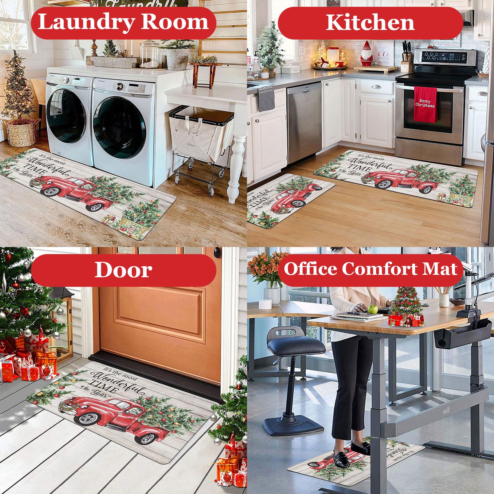 U'Artlines 2Pcs Christmas Anti Fatigue Kitchen Rugs and Mats, Red Truck Tree Non Slip Foam Cushioned Farmhouse Kitchen Floor Mats Comfort Standing Mats for Winter Home Decor