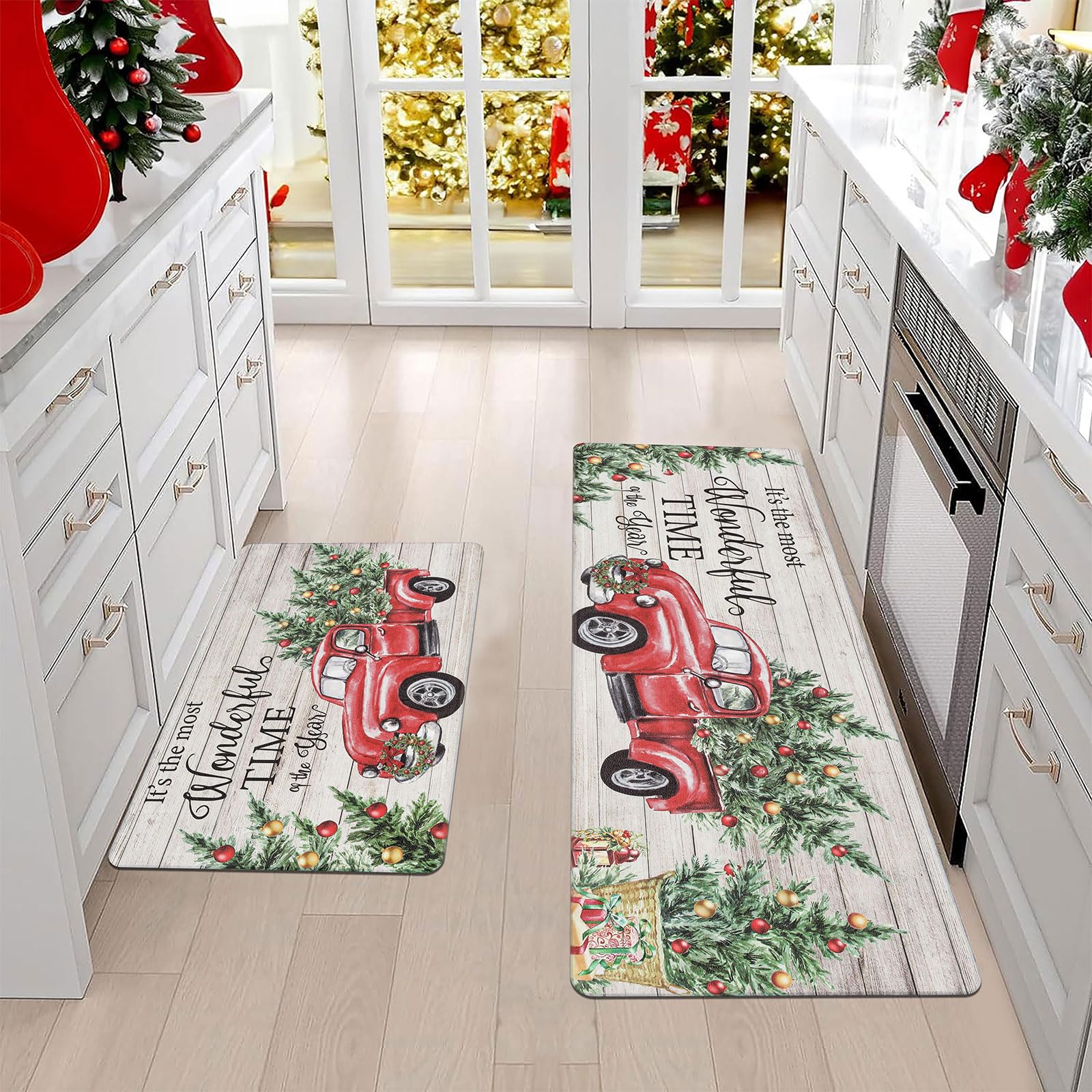 U'Artlines 2Pcs Christmas Anti Fatigue Kitchen Rugs and Mats, Red Truck Tree Non Slip Foam Cushioned Farmhouse Kitchen Floor Mats Comfort Standing Mats for Winter Home Decor