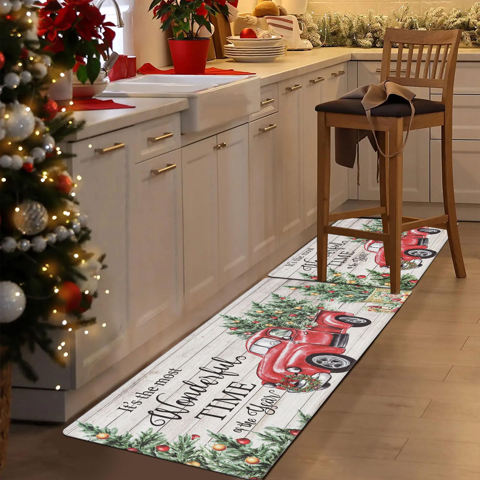 U'Artlines 2Pcs Christmas Anti Fatigue Kitchen Rugs and Mats, Red Truck Tree Non Slip Foam Cushioned Farmhouse Kitchen Floor Mats Comfort Standing Mats for Winter Home Decor