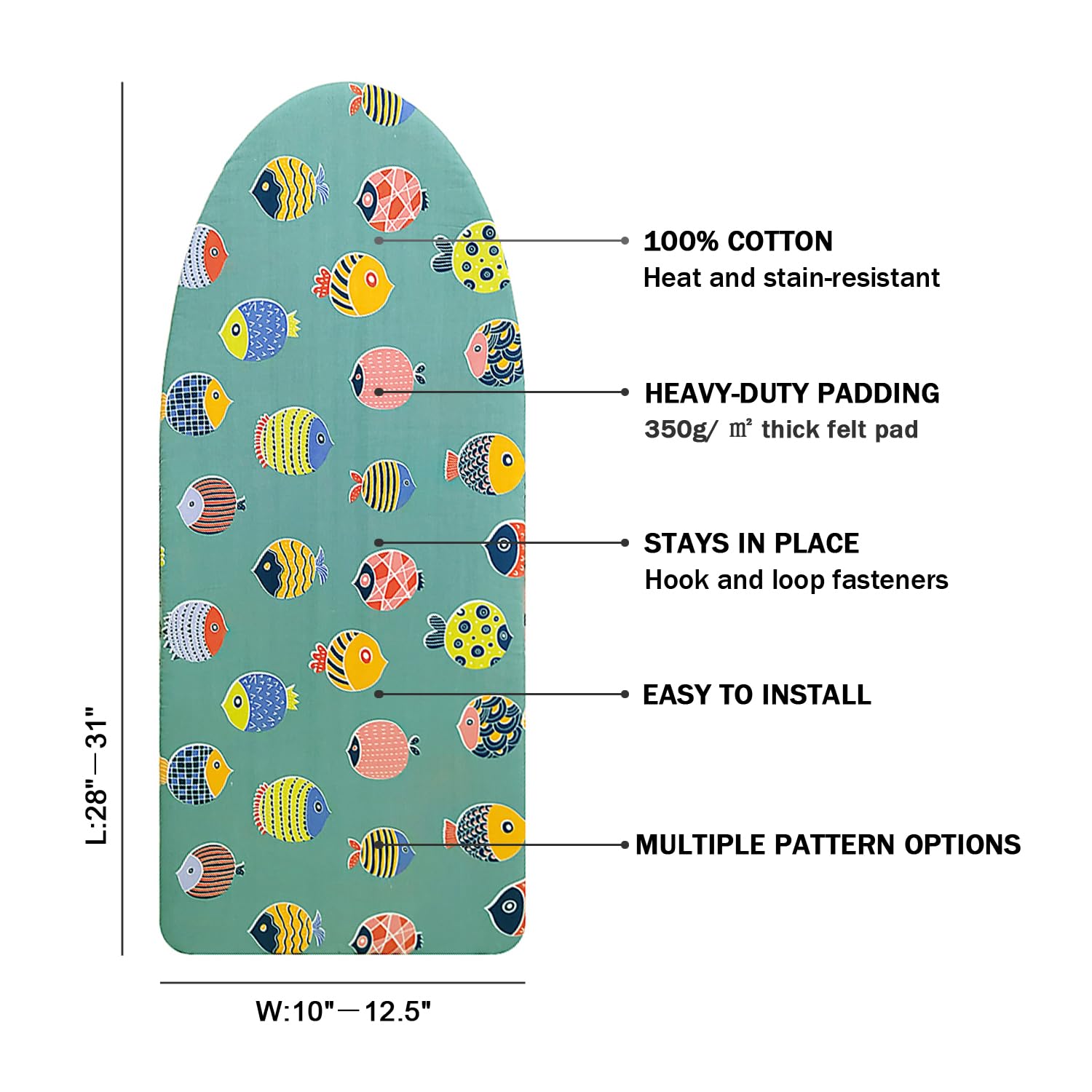 12.5" x 30" Small Tabletop Ironing Board Cover and Pad,3 Pairs of Hook and Loop Fastener Straps,Elastic Edges,Cotton Mini Iron Board Cover with Scorch Resistant Thick Padding