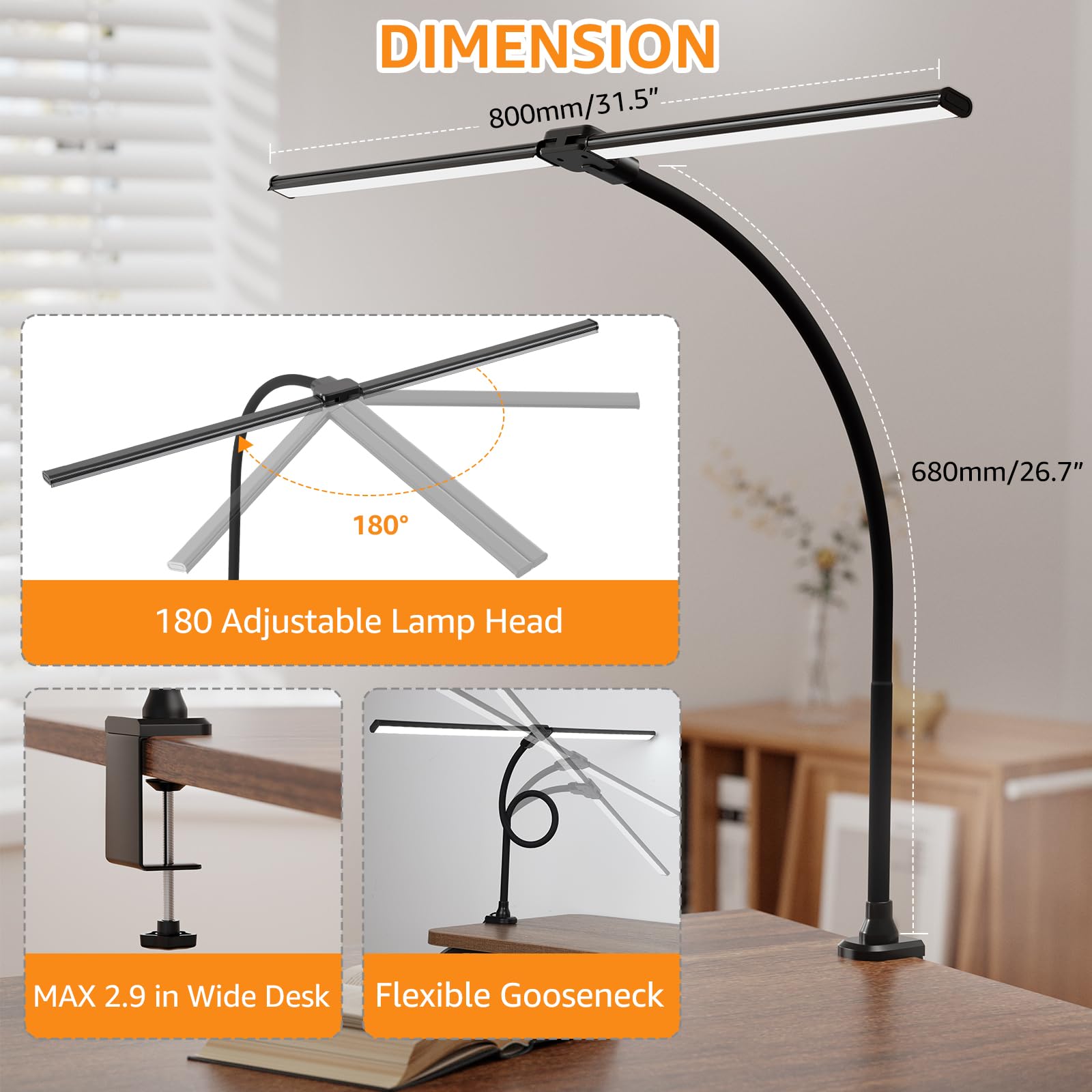 ShineTech Led Desk Lamp for Office Home, Bright Double Head Desk Light with Clamp, Architect Task Lamp 50 Lighting Modes Adjustable Flexible Gooseneck