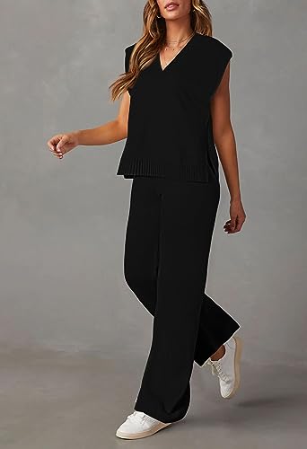 Pink Queen matching sets for women 2 Piece Cap Sleeve Sweater Knit Pullover Top Wide Leg Pants Matching Sets Black S