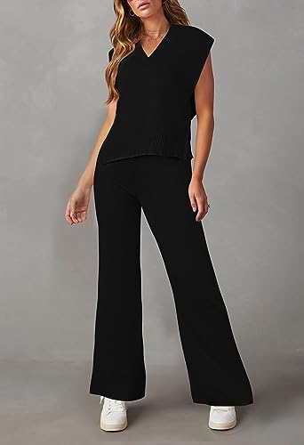 Pink Queen matching sets for women 2 Piece Cap Sleeve Sweater Knit Pullover Top Wide Leg Pants Matching Sets Black S