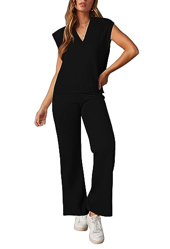 Pink Queen matching sets for women 2 Piece Cap Sleeve Sweater Knit Pullover Top Wide Leg Pants Matching Sets Black S