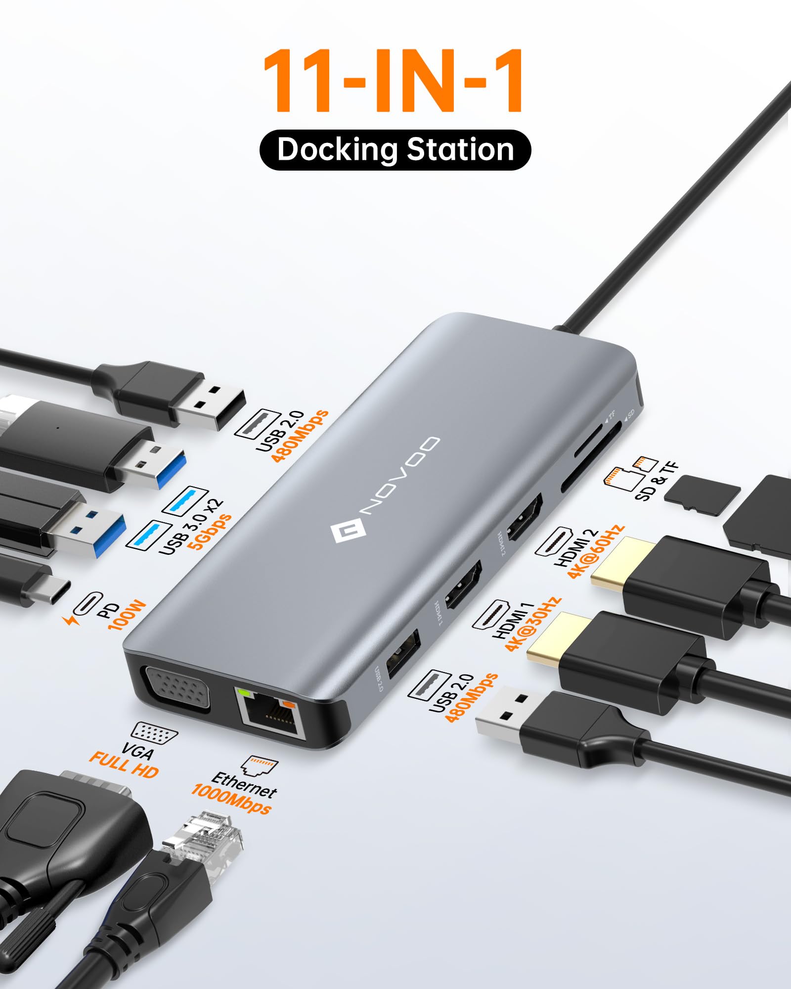 USB C Docking Station Dual HDMI Adapter, 11 in 1 Multi Display Docking Station Dual Monitor with 2 HDMI, VGA, 100W PD, 4 USB, USB C Hub Multiport Dongle Compatible with MacBook/Dell/HP/Lenovo Laptops