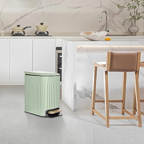 Trash Can 6 Liter/1.6 Gallon Stainless Steel with Step Pedal and Buffer Function Slim Rectangle Garbage Can Wastebasket Designed for Toilet, Kitchen, Office(Color:Green)