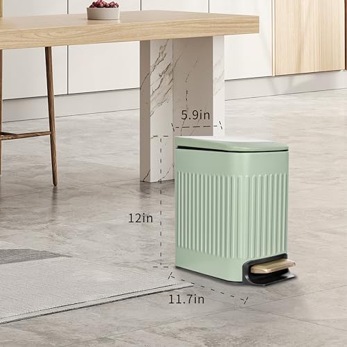 Trash Can 6 Liter/1.6 Gallon Stainless Steel with Step Pedal and Buffer Function Slim Rectangle Garbage Can Wastebasket Designed for Toilet, Kitchen, Office(Color:Green)