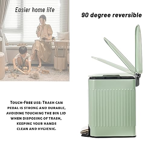 Trash Can 6 Liter/1.6 Gallon Stainless Steel with Step Pedal and Buffer Function Slim Rectangle Garbage Can Wastebasket Designed for Toilet, Kitchen, Office(Color:Green)