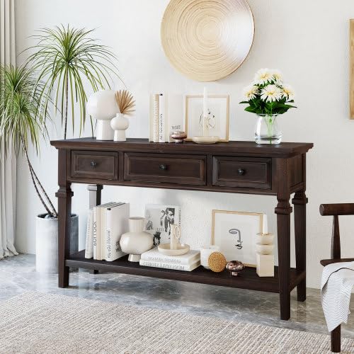 THINK 30 Retro Wooden Console Table, Classic 50" Console Table with 3 Drawers and Bottom Shelf, Entryway Table for Living Room, Entryway, Hallway (Espresso)