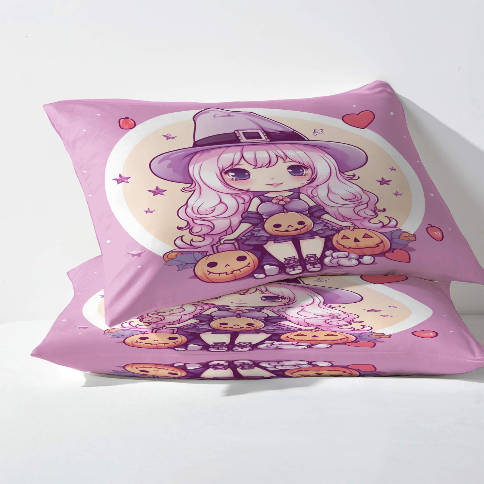 Witchy Sheets Twin Size, Halloween Pumpkin Bed Sheets, Patterned Bedding Sheets & Pillowcases 3 Piece Set - Soft Microfiber Deep Pocket Fitted Sheet & Flat Sheet & Pillow Case L5-&-124