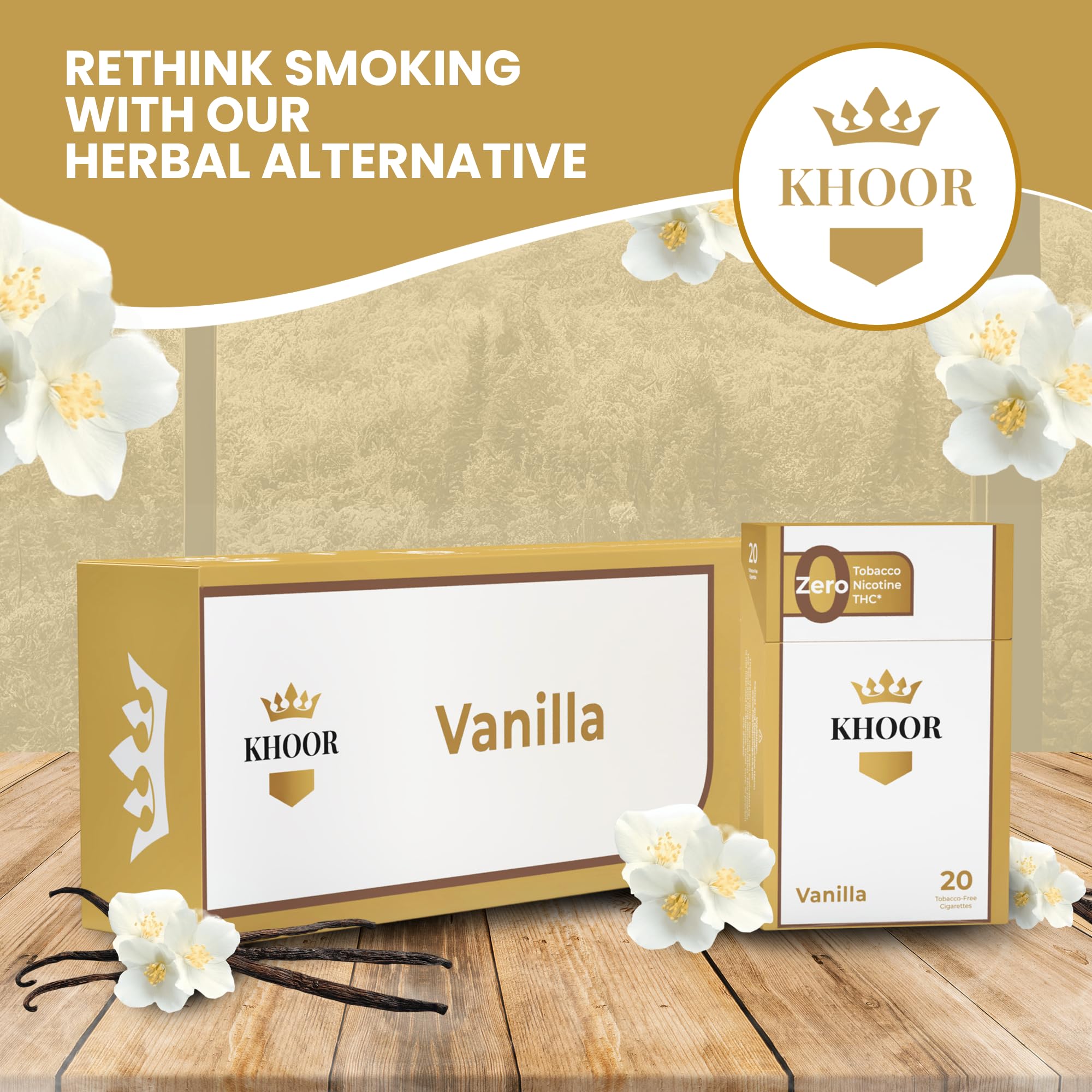 KHOOR Herbal Cigarettes - 2 Vanilla Packs, Non-Addictive, Tobacco-Free & Nicotine-Free, Traditional Cigarette Substitute, Premium Vanilla Flavor - 2 Packs (40 Sticks)