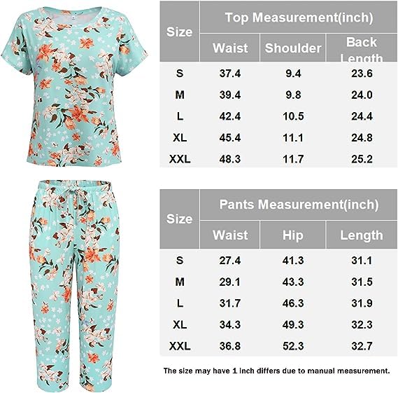 Ekouaer 2 Pack: Womens Pajamas Short Sleeve Sleepwear Tops and Capri Pants Pjs Print Pajama Sets Black Flowers Navy Blue XXL