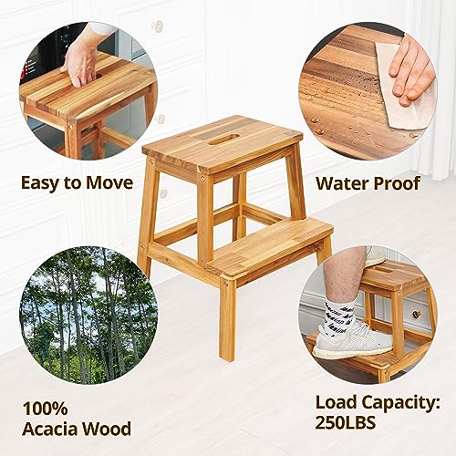 Wooden 2 Step Stool for Children Adults, Multifunctional Large Kitchen Step Helper for Toilet Bathroom Bedroom, Stepping Standing 2-Step Ladder, 16.9" D x 15.4" W x 19.6" H, Easy to Assemble, Natural