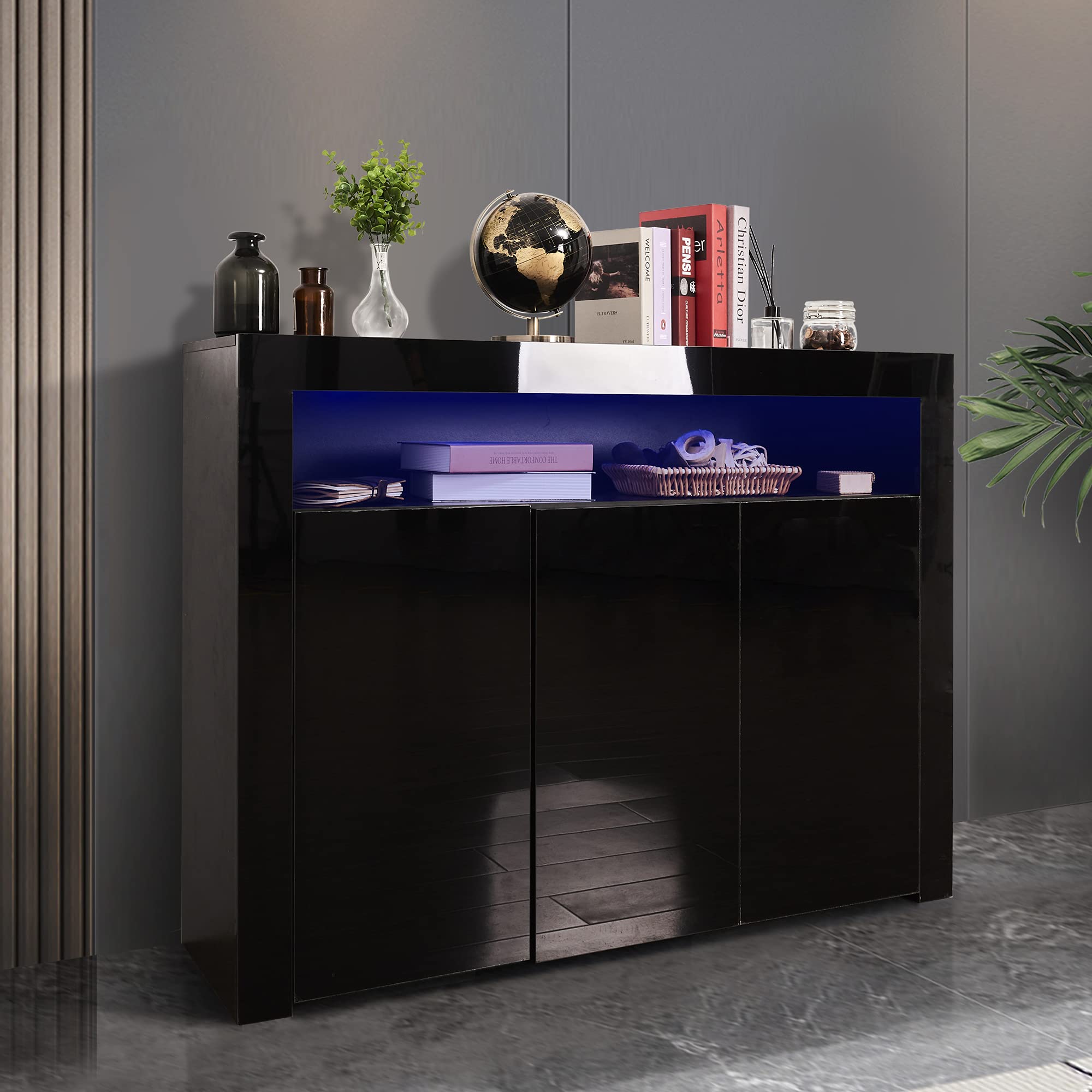 SZUBEE Modern Black High Gloss Sideboard Storage Cabinet with LED Light-Versatile Kitchen and Dining Room Buffet Cupboard with 3 Doors and TV Stand Function