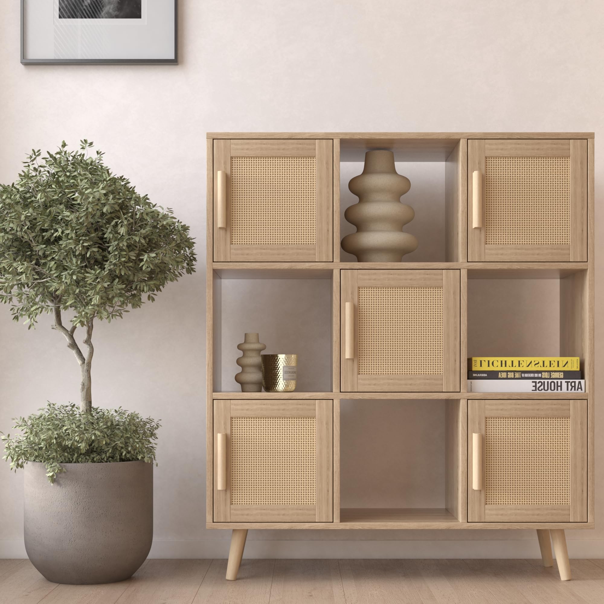 SSLine Boho Rattan 9-Cube Storage Organizer Rustic Wooden Bookcase with 4 Open Cubes & 5 Rattan Door Cabinets Free-Standing Bookshelf Display Cube Shelves for Living Room Home Office
