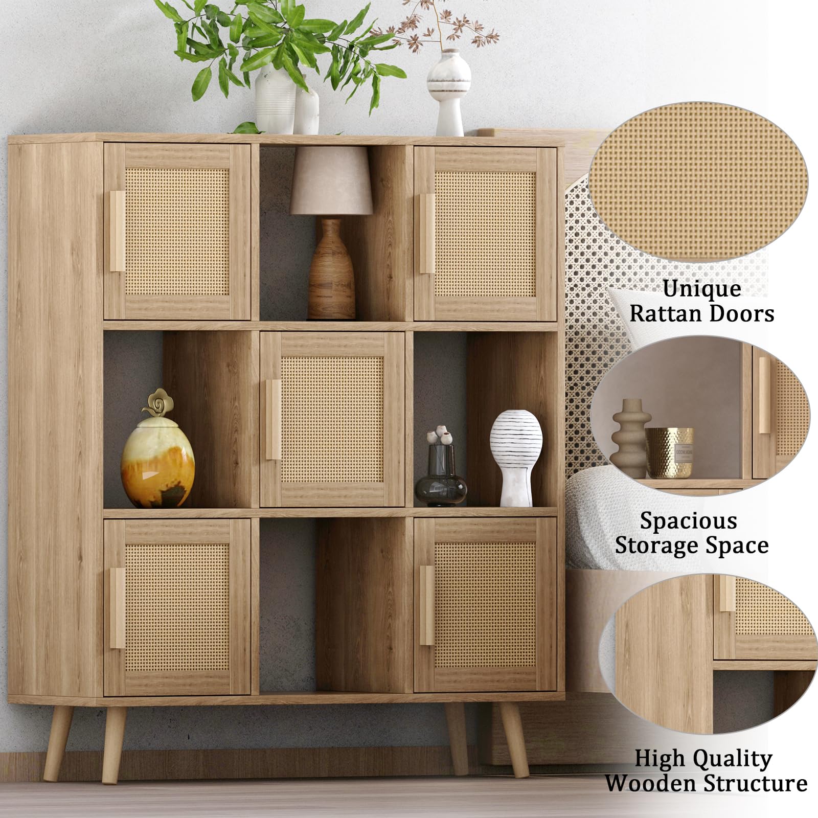 SSLine Boho Rattan 9-Cube Storage Organizer Rustic Wooden Bookcase with 4 Open Cubes & 5 Rattan Door Cabinets Free-Standing Bookshelf Display Cube Shelves for Living Room Home Office