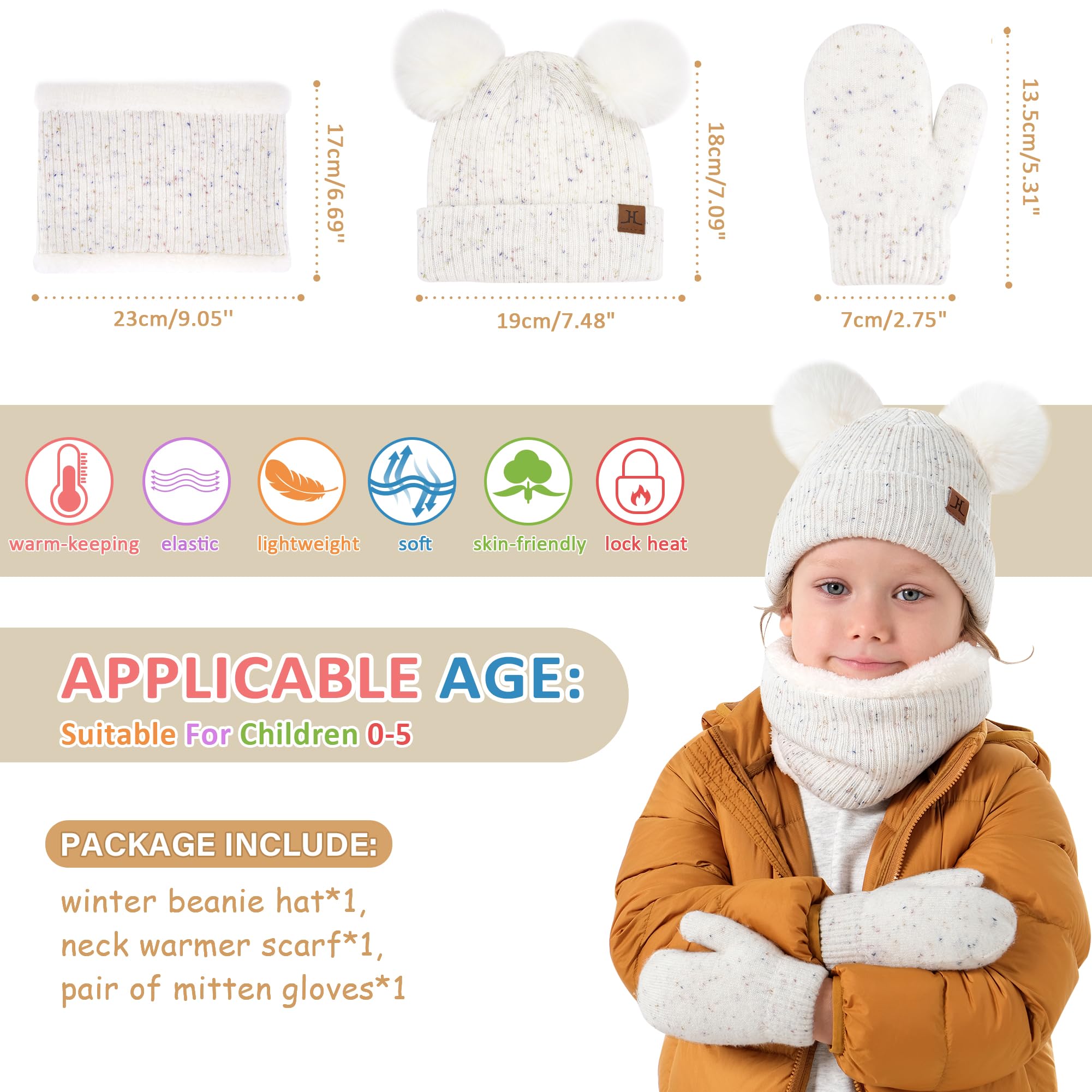 Winter Hats, Gloves, Scarves Set with Pompom Beanies for 0-4 Year Old Boys & Girls