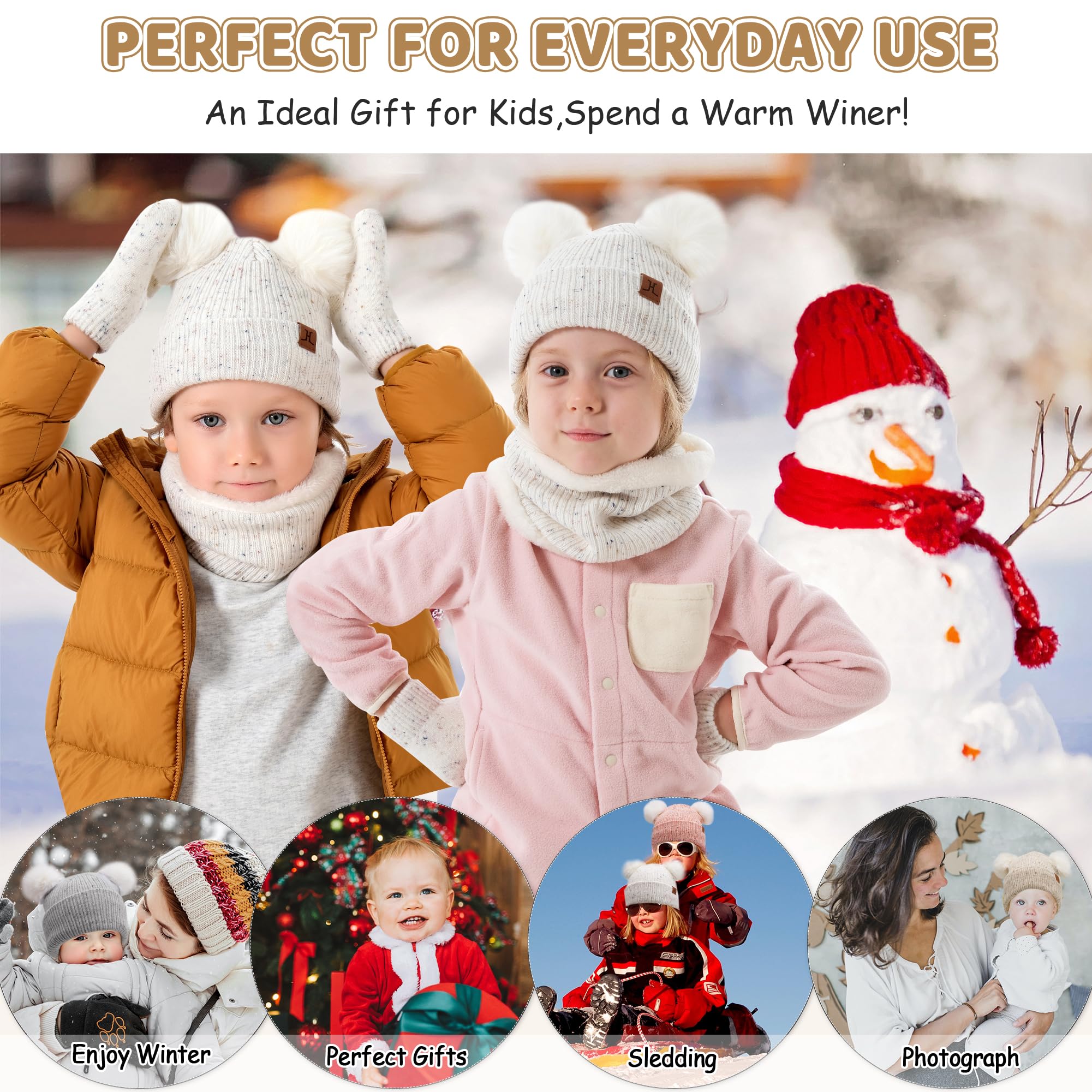 Winter Hats, Gloves, Scarves Set with Pompom Beanies for 0-4 Year Old Boys & Girls