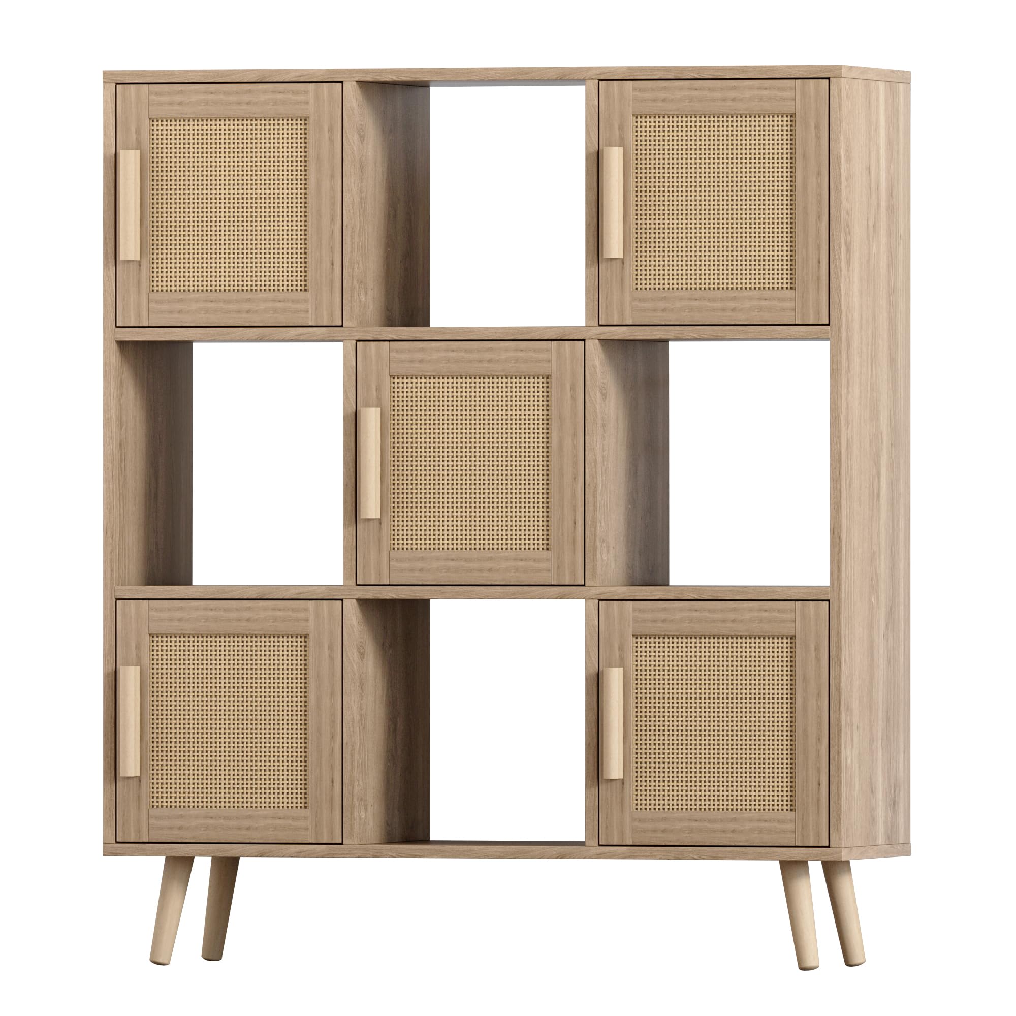 SSLine Boho Rattan 9-Cube Storage Organizer Rustic Wooden Bookcase with 4 Open Cubes & 5 Rattan Door Cabinets Free-Standing Bookshelf Display Cube Shelves for Living Room Home Office