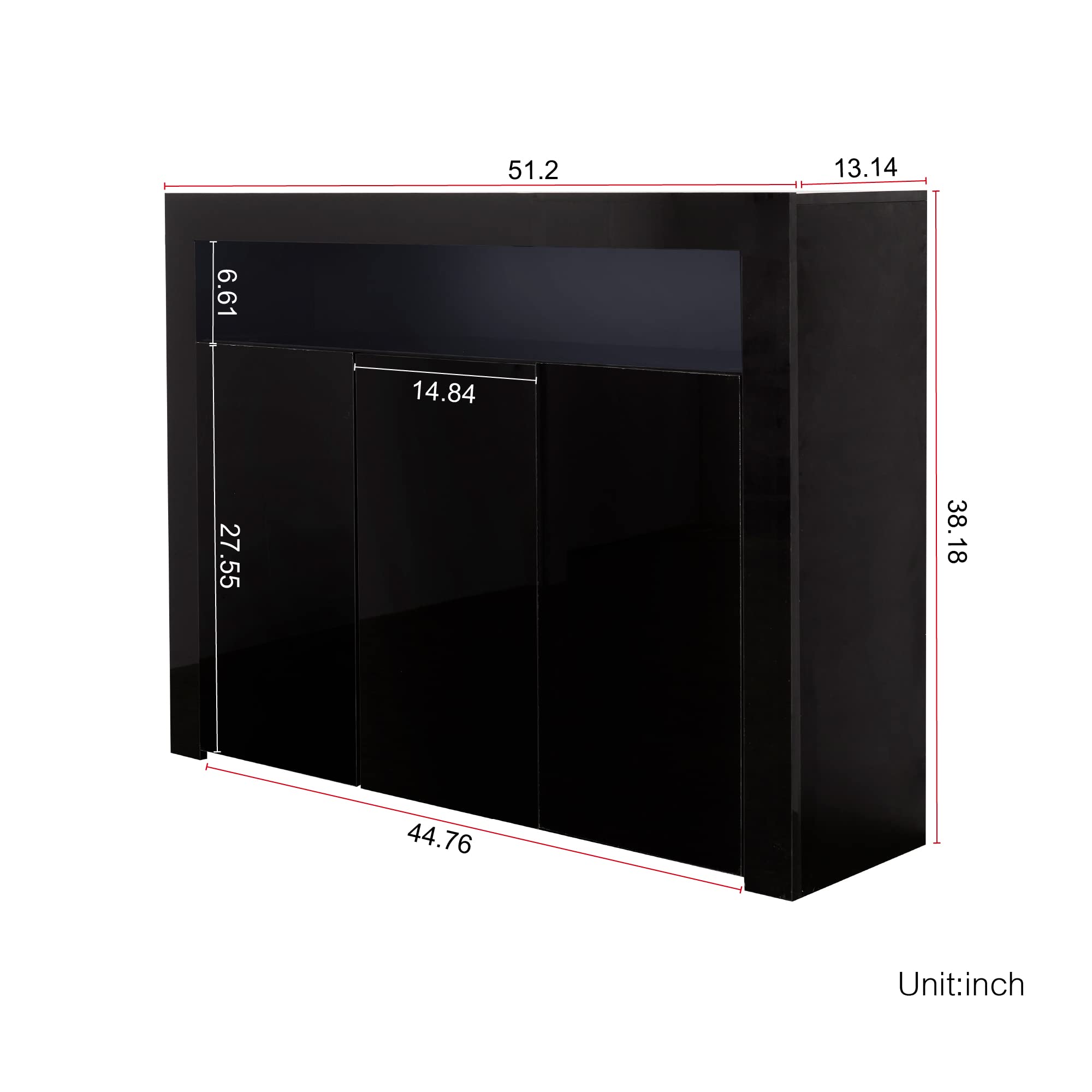 SZUBEE Modern Black High Gloss Sideboard Storage Cabinet with LED Light-Versatile Kitchen and Dining Room Buffet Cupboard with 3 Doors and TV Stand Function