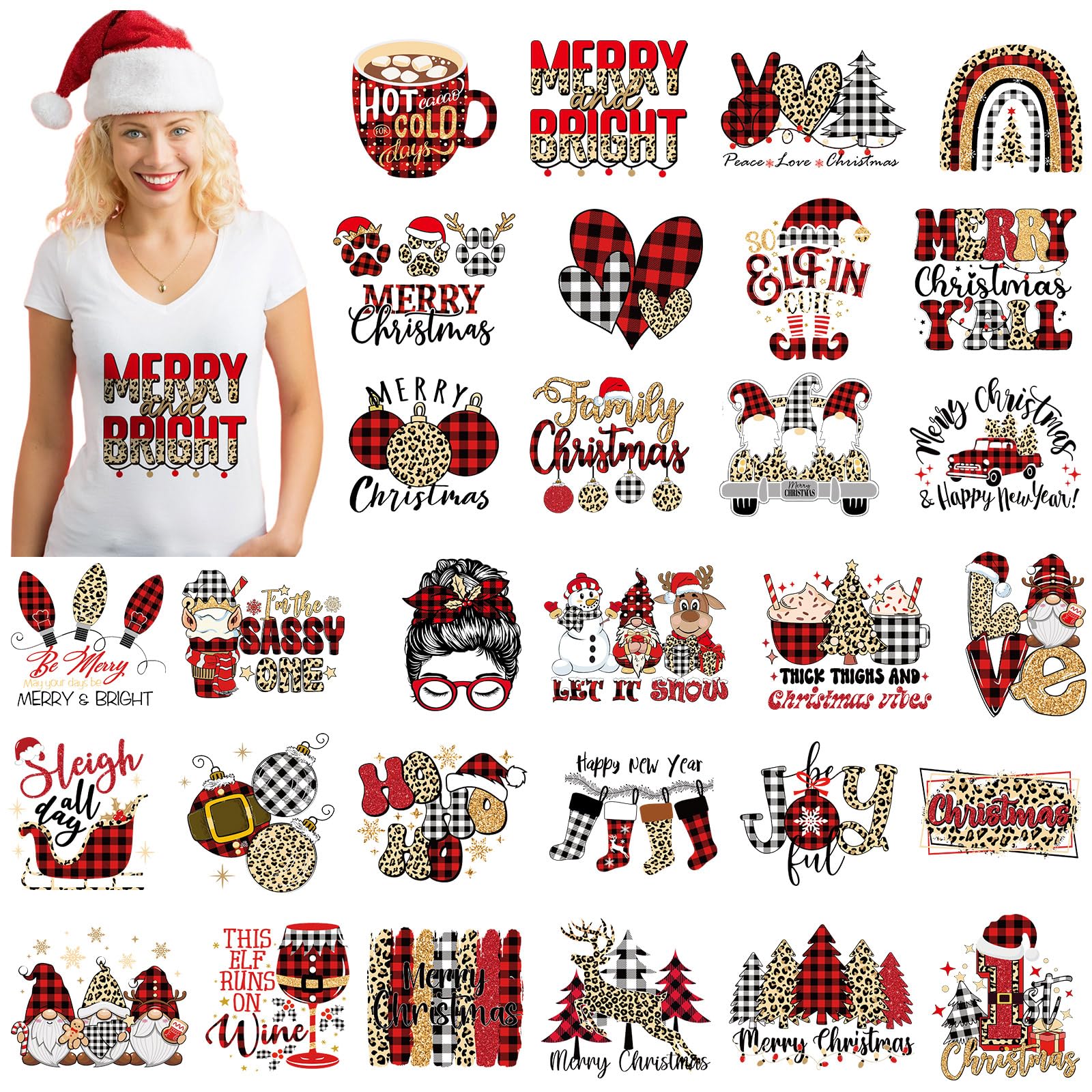 Perthlin 30 Pcs Christmas Iron on Transfers Xmas Iron on Decals Patches Appliques Heat Transfers Vinyl Cute Christmas Decals for Clothes Bag Pillow Covers DIY Decorations (Plaid Style)