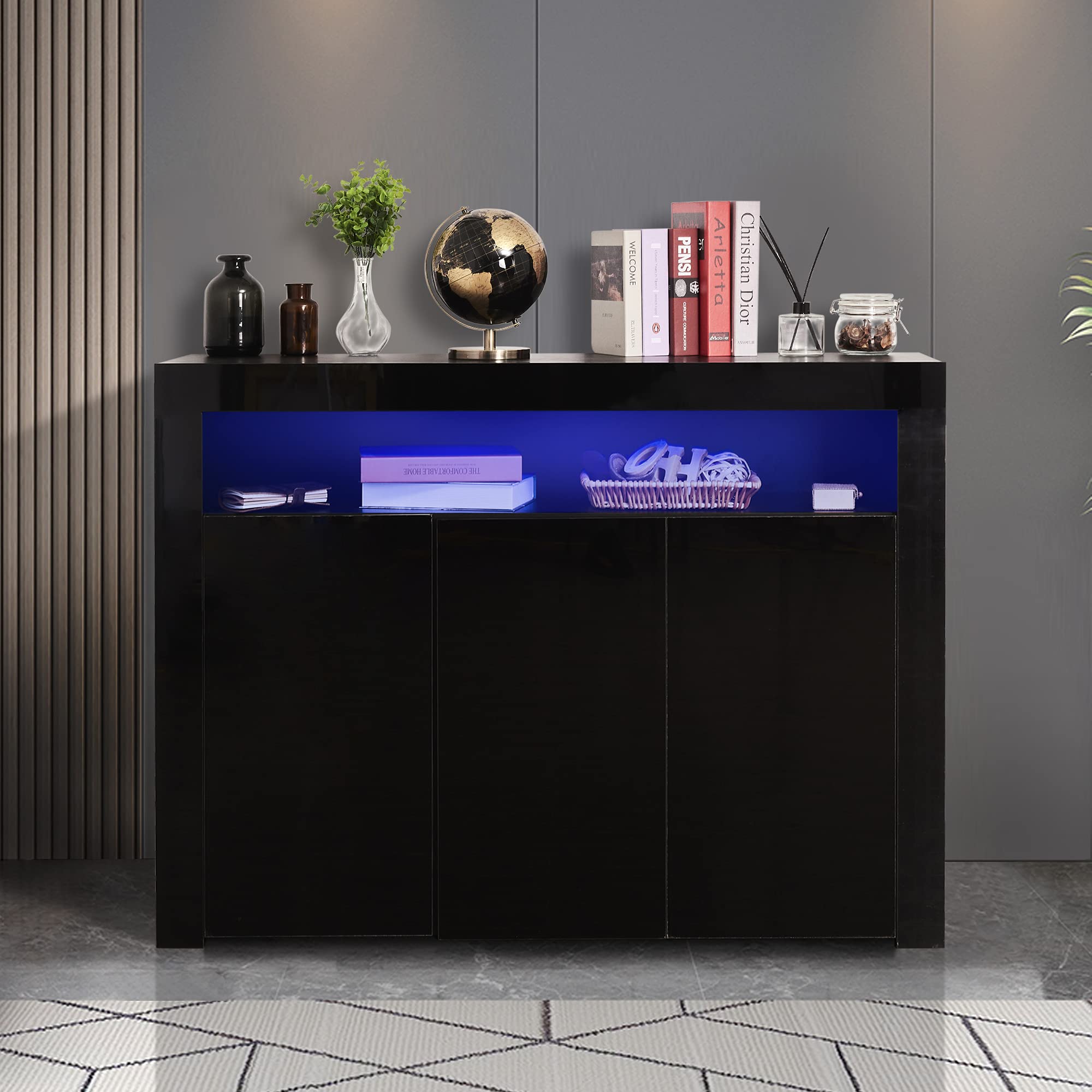 SZUBEE Modern Black High Gloss Sideboard Storage Cabinet with LED Light-Versatile Kitchen and Dining Room Buffet Cupboard with 3 Doors and TV Stand Function