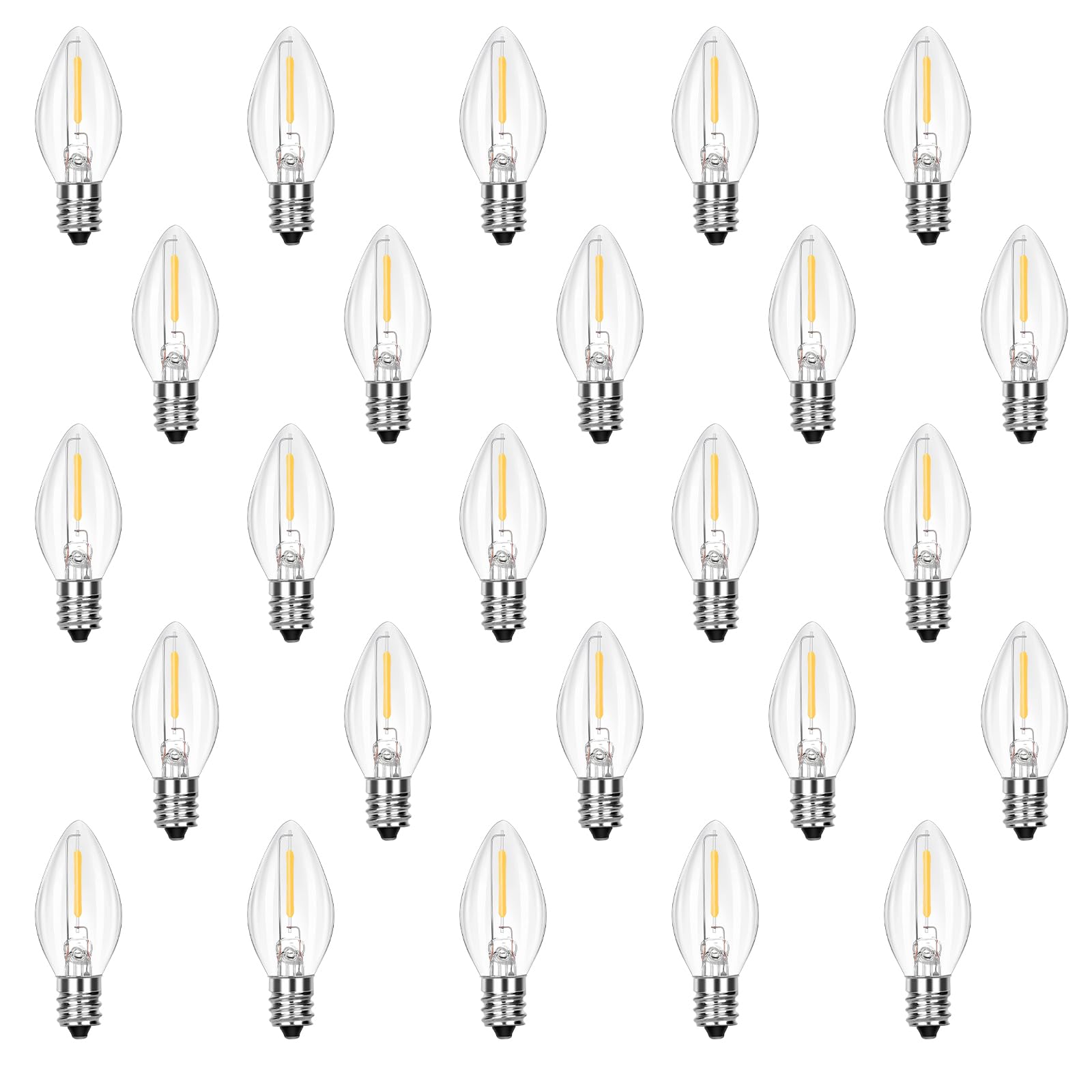 Pallerina 25 Pack LED C7 Clear Replacement Bulbs,Clear Christmas Light Bulbs 0.6Watt Dimmable E12 LED Light Bulbs for Night Light Candles Chandeliers Christmas String Lights, Warm White