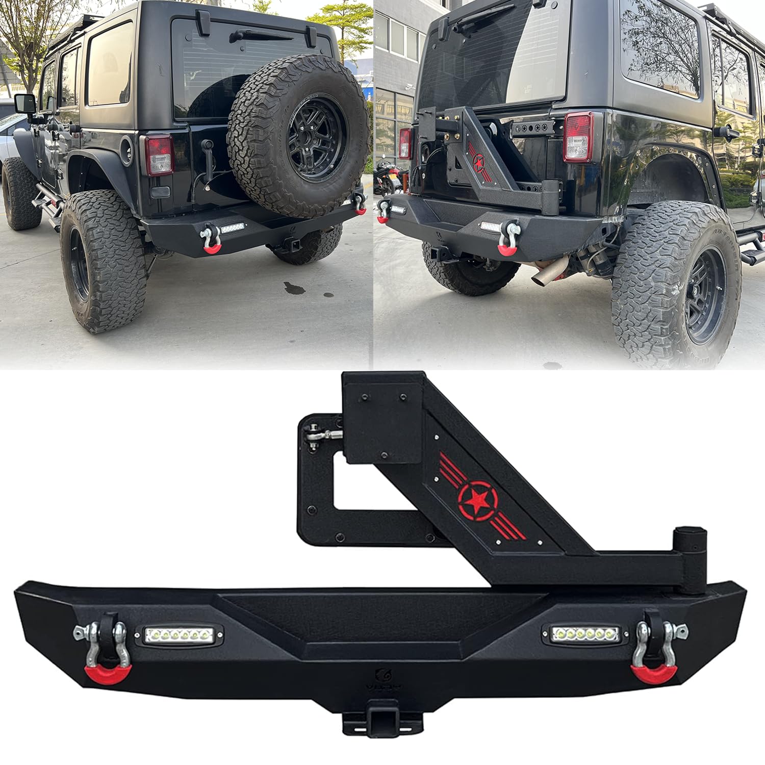 LUYWTE For 2007-2018 Wrangler JK Steel Rear Bumper With Tire Carrier&Lights&D-Rings（Not fit 2018 Wrangler JL）