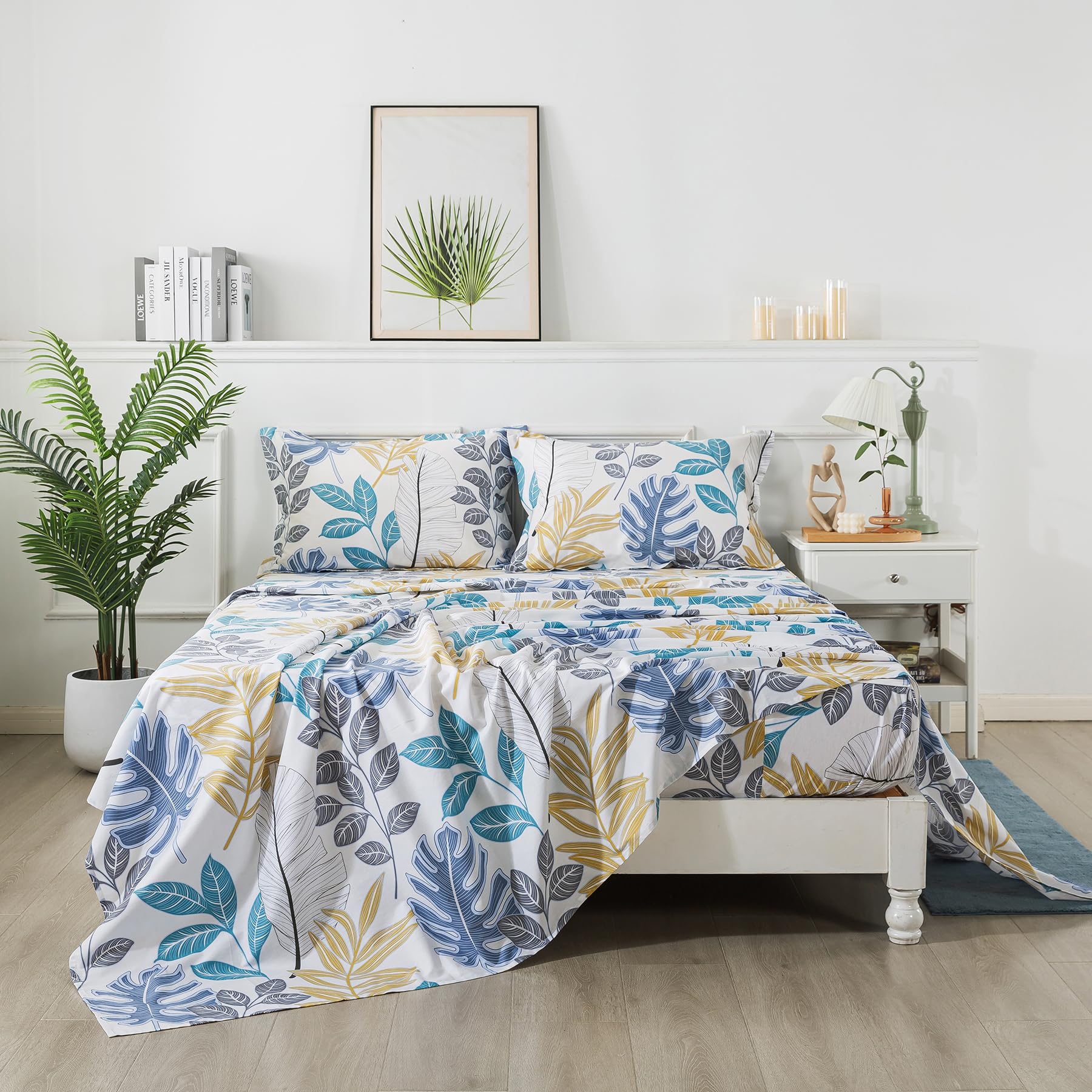 Lemfux Twin Sheet Sets 4Pcs,100% Cotton Palm Leaf Print Plant Luxury White Bed Sheet Sets, Deep Pocket Fitted Sheet Set, Ultra Soft Flat Sheet Set for All-Season Bed Sheets Twin