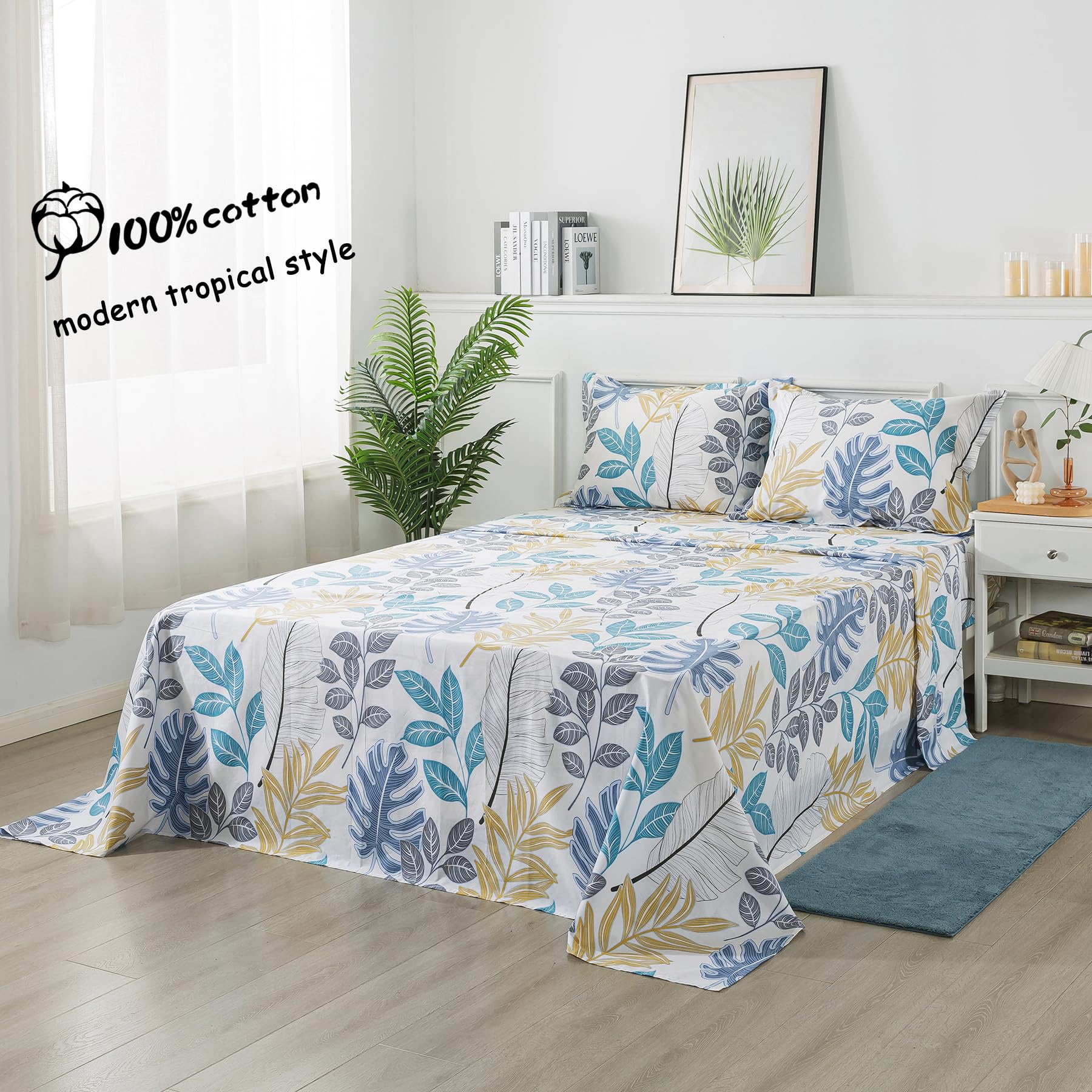 Lemfux Twin Sheet Sets 4Pcs,100% Cotton Palm Leaf Print Plant Luxury White Bed Sheet Sets, Deep Pocket Fitted Sheet Set, Ultra Soft Flat Sheet Set for All-Season Bed Sheets Twin
