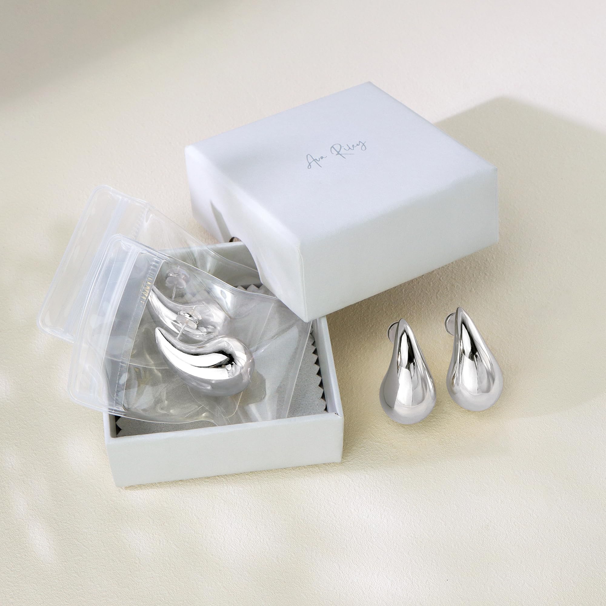Ava Riley Chunky Gold Earrings, Medium Silver Plated Teardrop Earrings for Women, Chunky Silver Ear Studs Tear Drop S925 Sterling Silver Jewelry