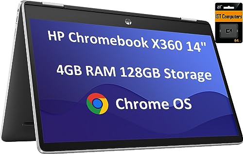 HP Chromebook X360 14b 14/inch HD 2-in-1 Touchscreen(Intel Celeron N4500,4GB RAM,128GB Storage(64GB eMMC + 64GB SD Card),Webcam)Home&Education Laptop,13.5-Hr Battery Life,IST SD Card,Chrome OS Silver