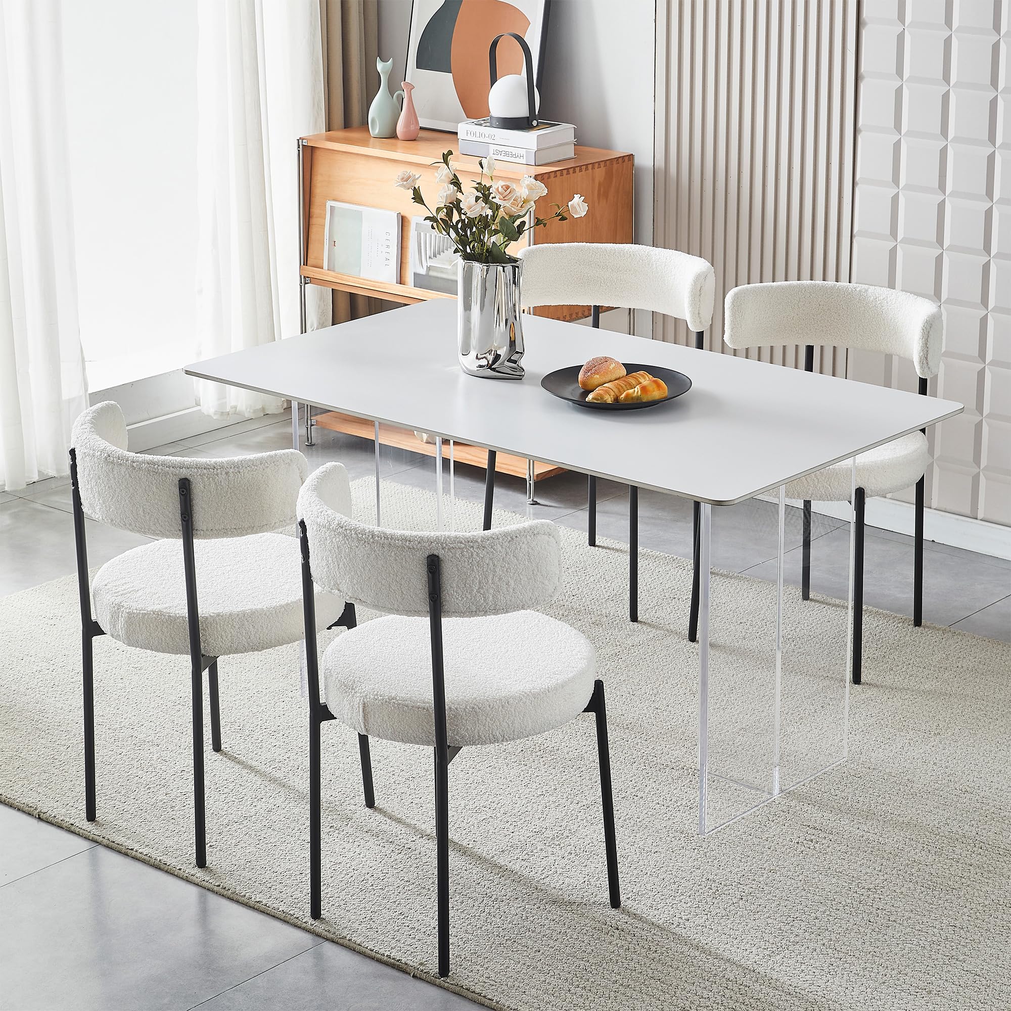 Honyee White Dining Chairs, Modern Dining Chairs Set of 4, Teddy Fleece Round Cushion Dining Room Chairs, Curved Backrest with Black Metal Legs (White, 4Pcs)