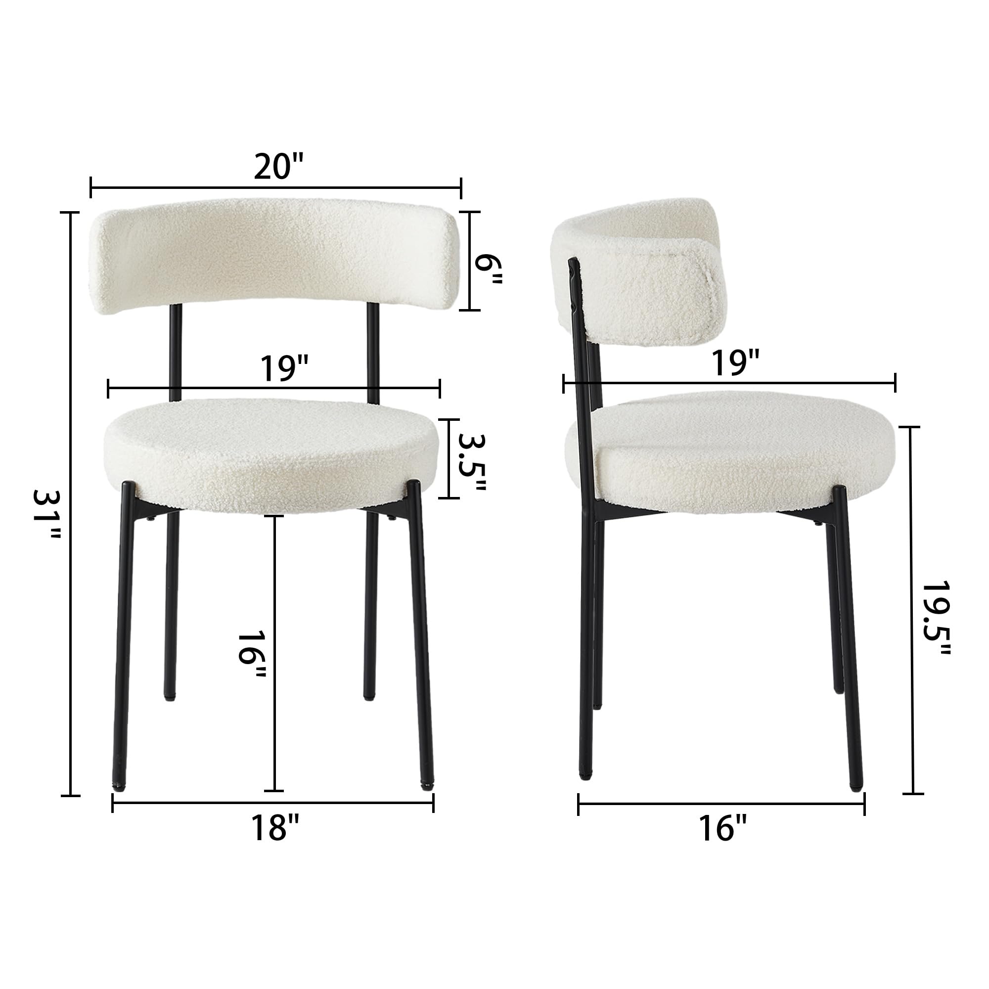Honyee White Dining Chairs, Modern Dining Chairs Set of 4, Teddy Fleece Round Cushion Dining Room Chairs, Curved Backrest with Black Metal Legs (White, 4Pcs)