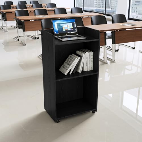 Podium - Portable Podium Stand, Hostess Stand with Wheels, Church Podium Reception Desk, Pulpits for Churches, Mobile Lectern Podium for Conference, Auditorium, Classroom, Adjustable Shelf, Black