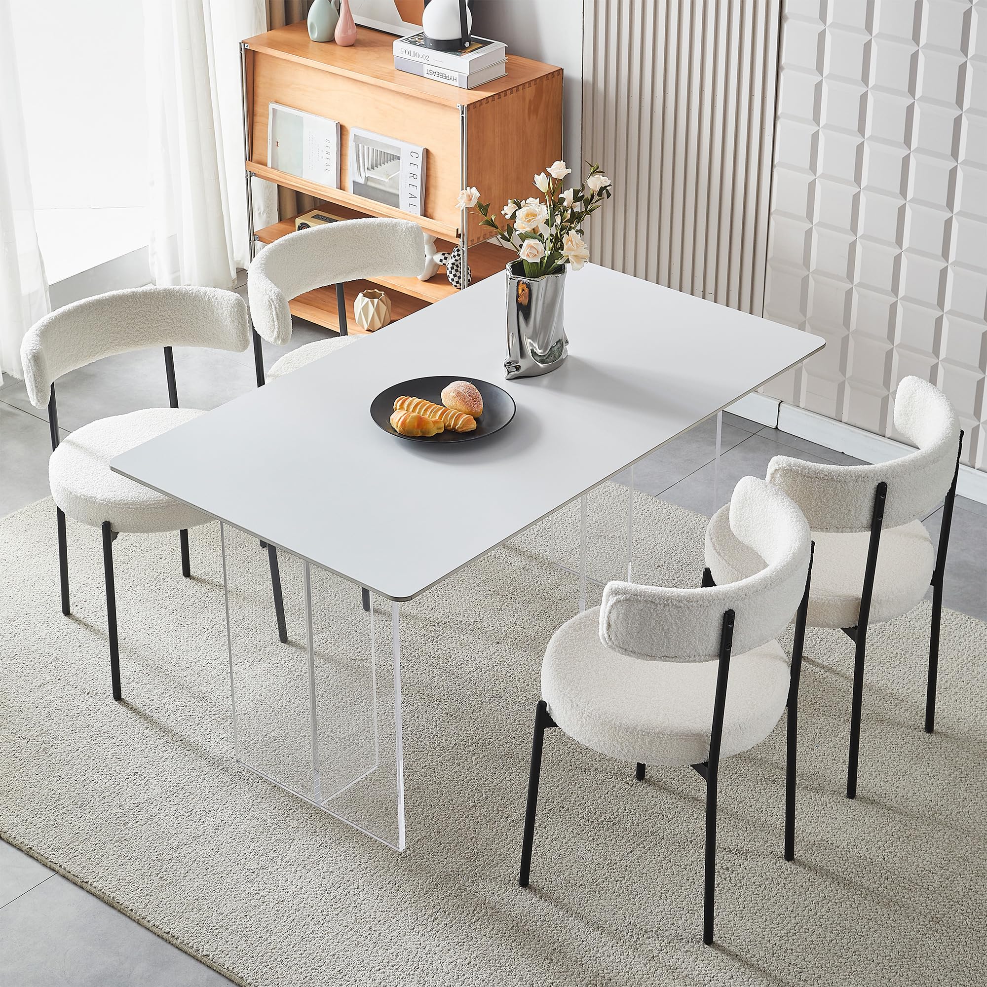 Honyee White Dining Chairs, Modern Dining Chairs Set of 4, Teddy Fleece Round Cushion Dining Room Chairs, Curved Backrest with Black Metal Legs (White, 4Pcs)