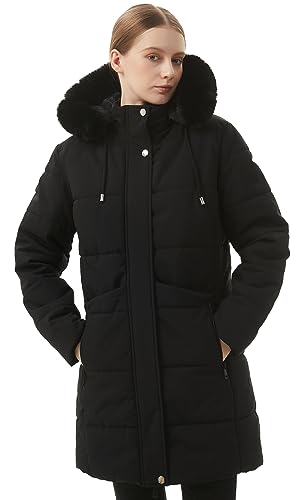 MOERDENG Women's Winter Puffer Coat Thicken Fleece Lined Down Jacket Waterproof Faux Fur Detachable Hooded Parka