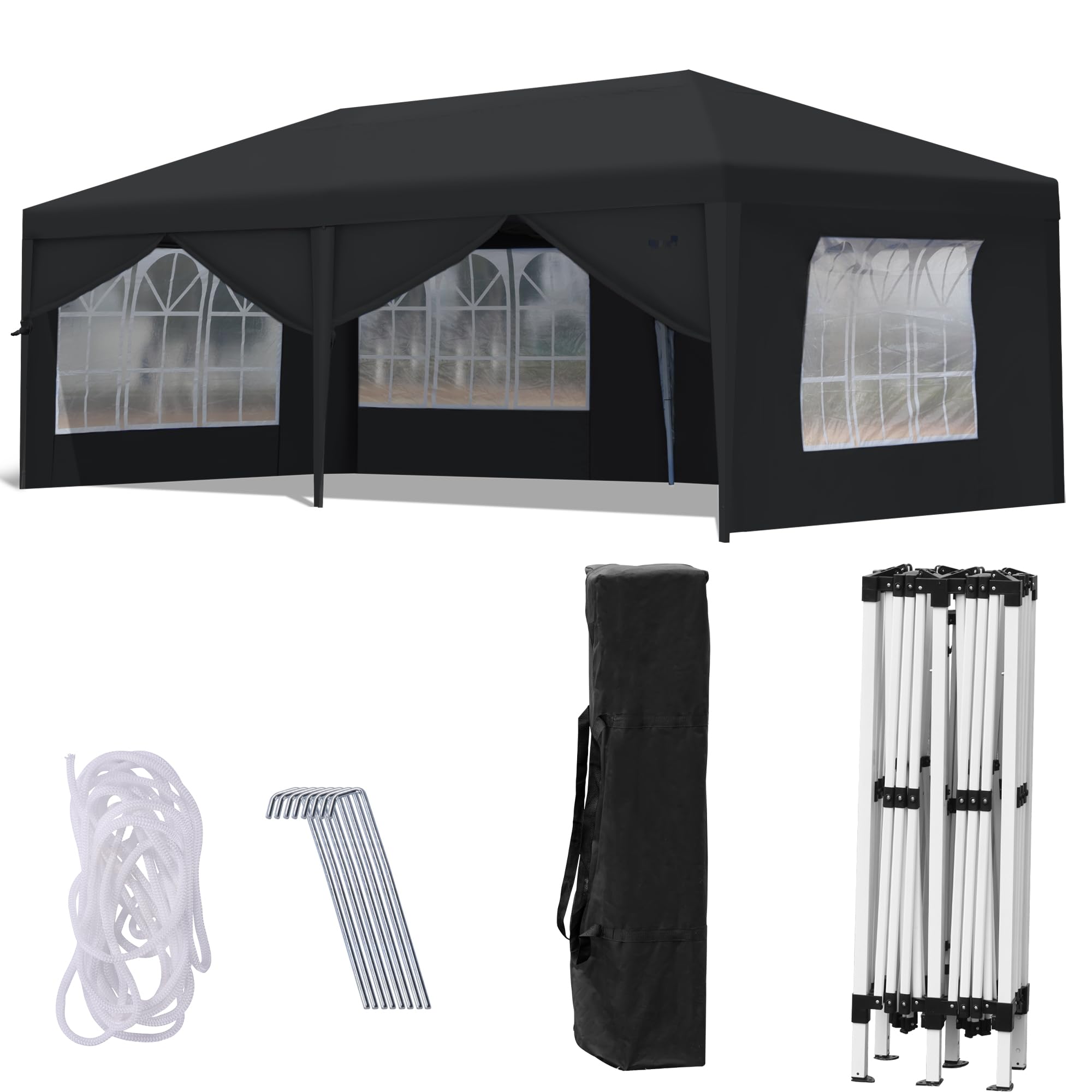 FOOWIN Canopy 10'X20' Tent Pop-up Canopy Commercial Tent with 6 Removable Sidewalls Tents for Parties with 12pcs Stakes，6 pcs Ropes Outdoor Carport Canopy Shade for Patio/Outdoor (Black)
