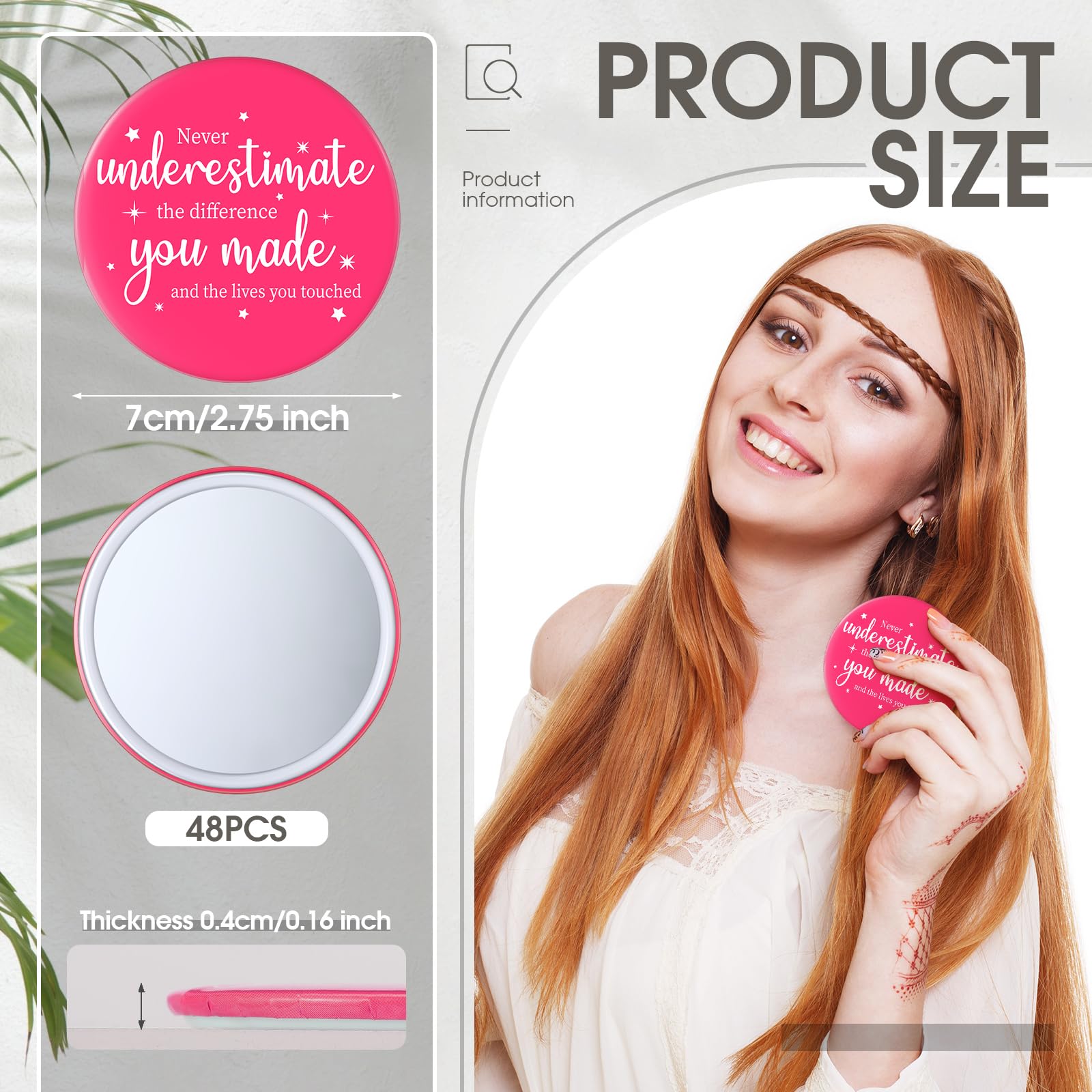 Hoolerry 48 Pcs Pink Inspirational Compact Mirror Bulk 2.8 Inch Round Makeup Glass Mirror Positive Personal Purse Pocket Mirror Small Portable Travel Mirror for Employee Coworker Staff