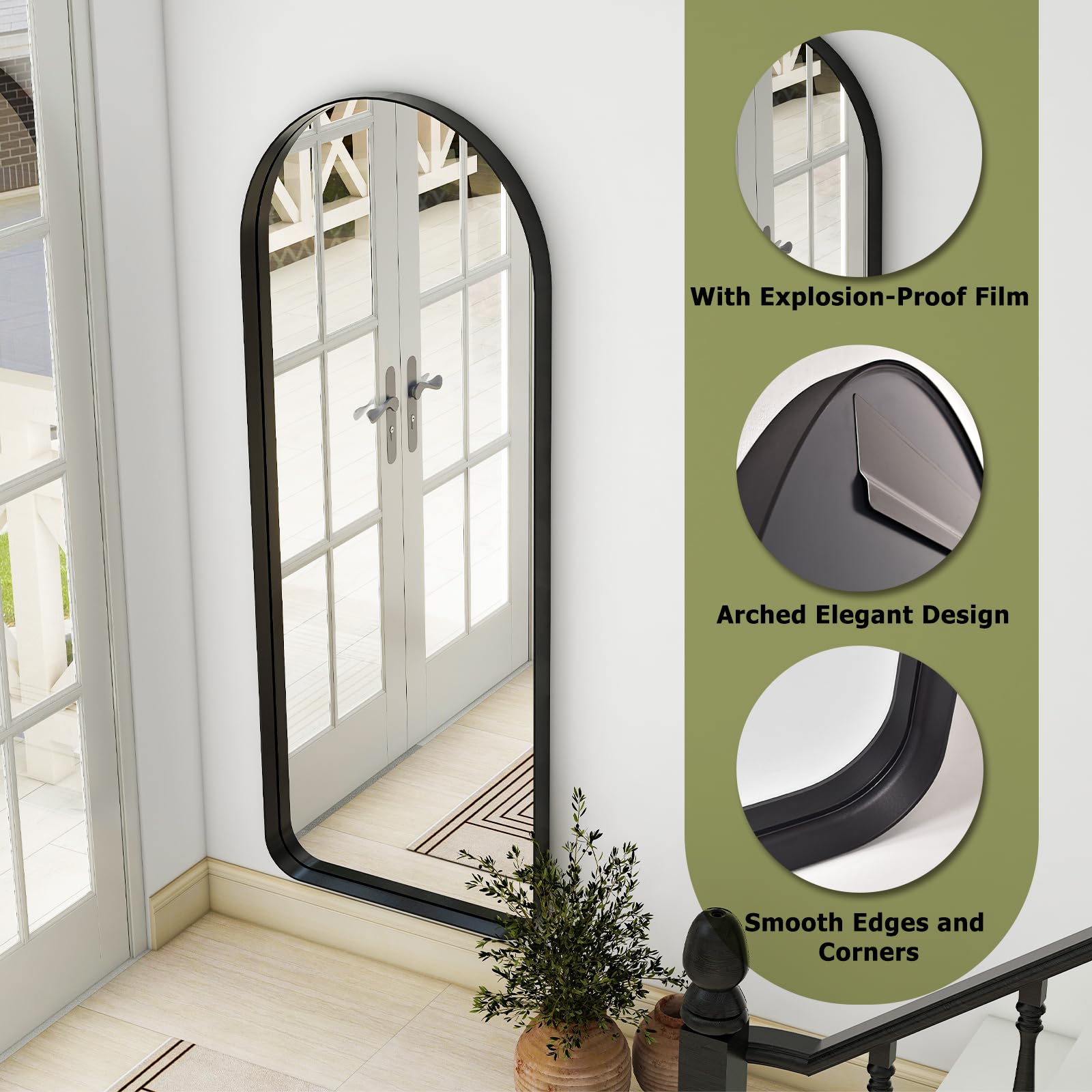 XRAMFY 65"x22" Arched Full Length Mirror, Black Metal Framed Bathroom Floor Mirror,Wall Mirror,Leaning Hanging for Home and Living Room